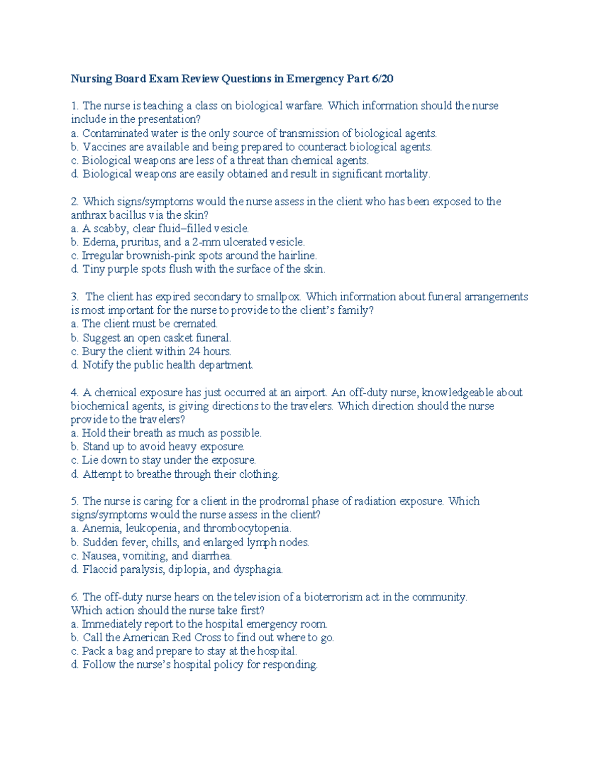 Nursing Board Exam Review Questions in Emergency (Part 1) - Studocu