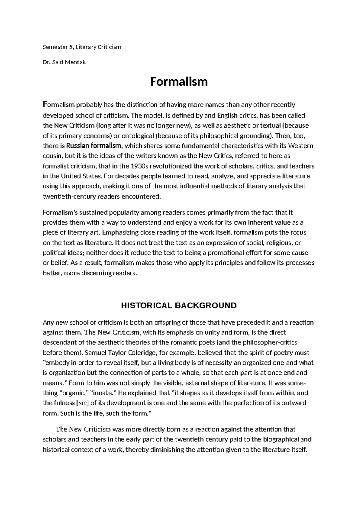 Formalism in Literary Criticism - Dr. Said Mentak (Semester 5) - Studocu