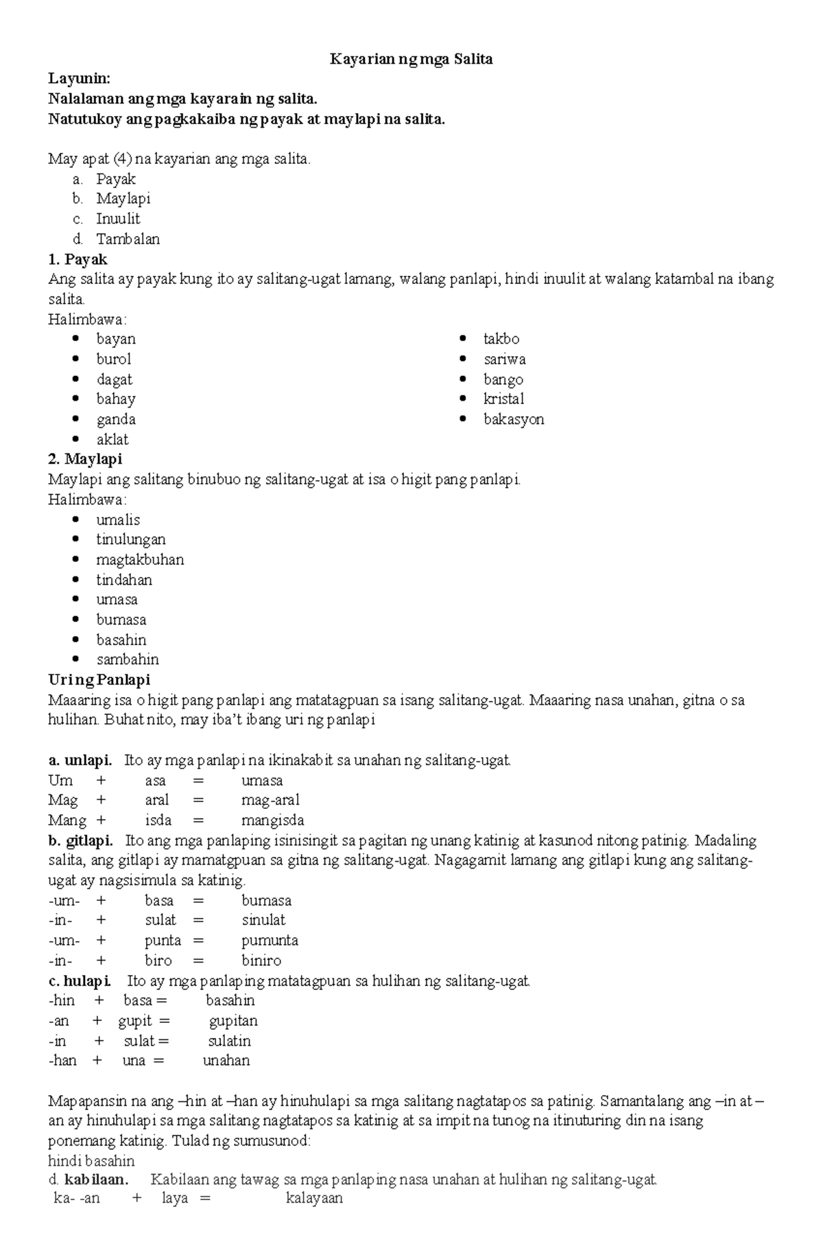 Kayarian ng Salita: Payak, Maylapi, Inuulit at Tambalan - Studocu