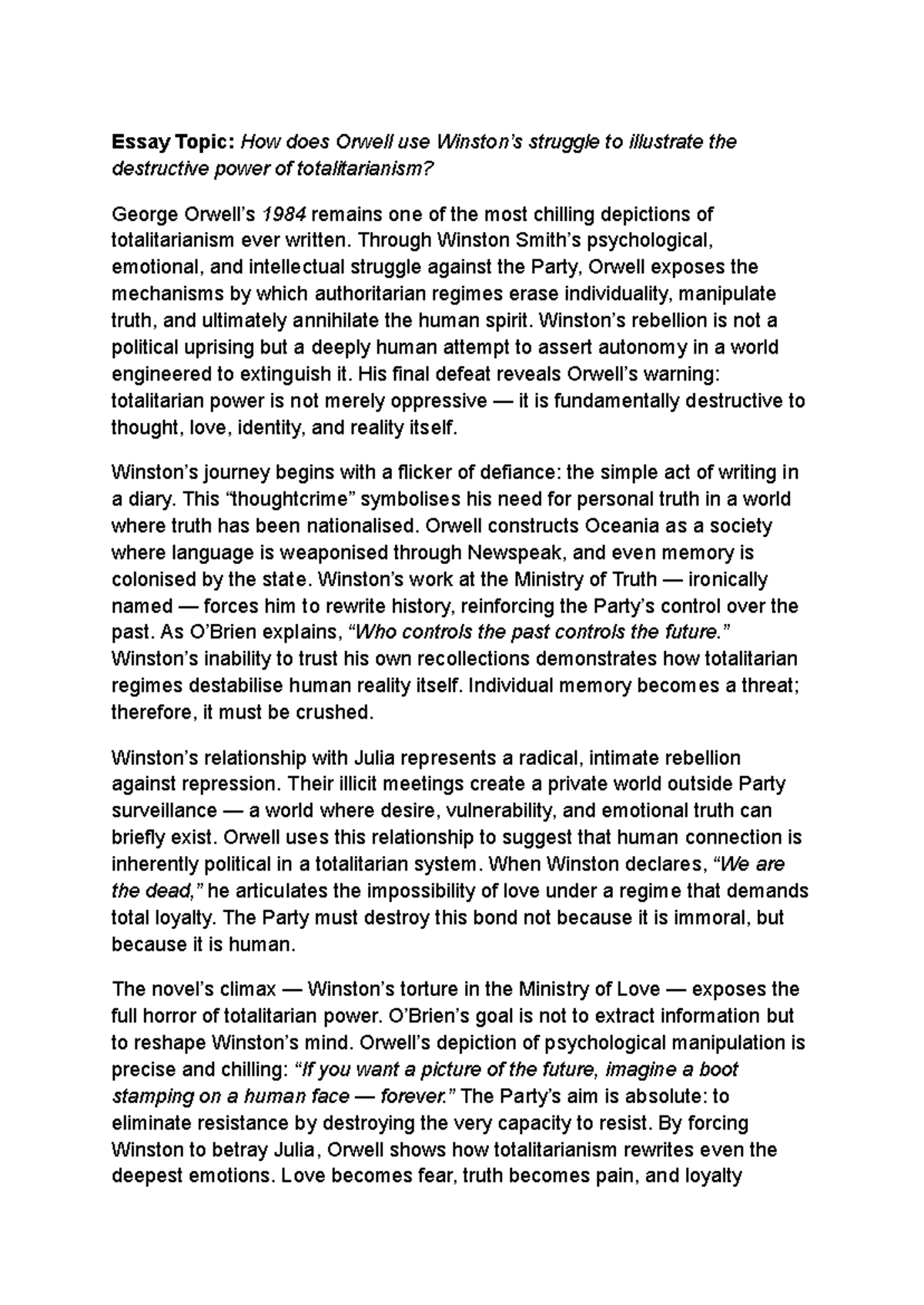 1984 Essay Practice: Orwell's Struggle Against Totalitarianism - Studocu