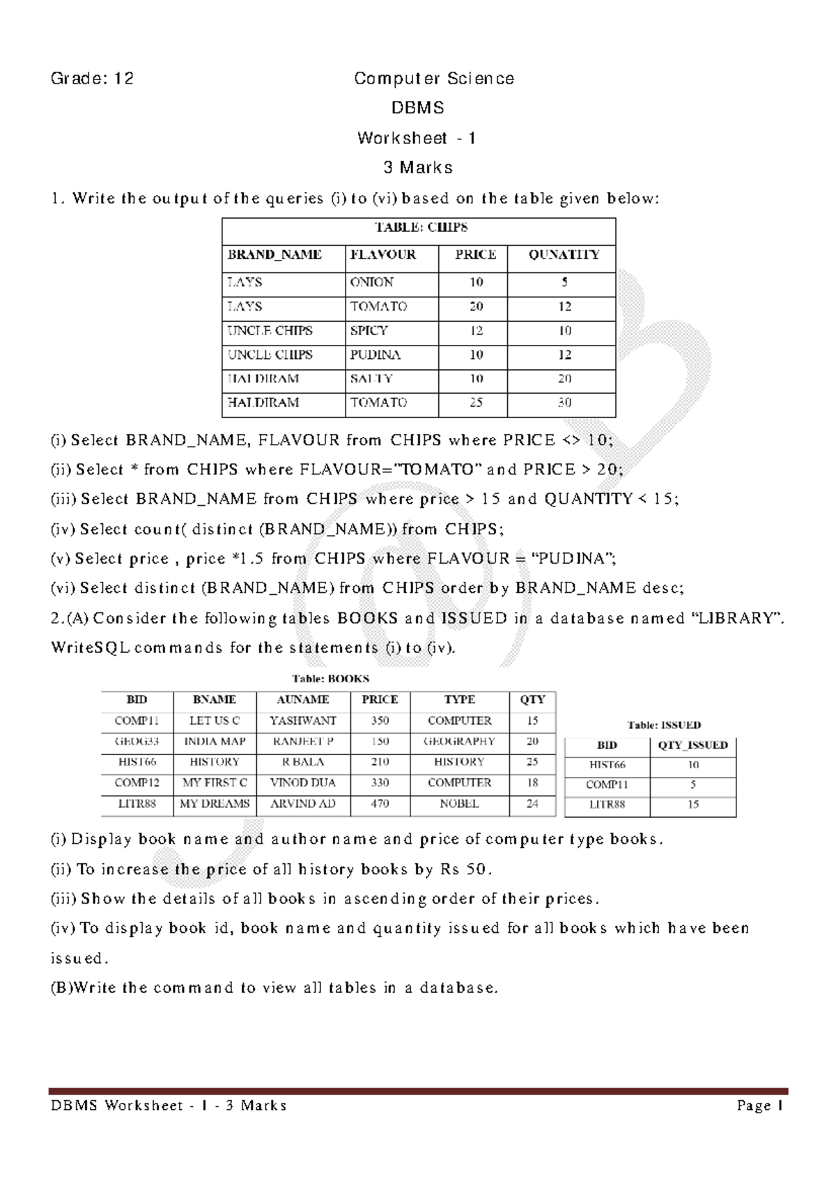 DBMS - Worksheet 1 - Grade 12 Computer Science (3 Marks) - Studocu