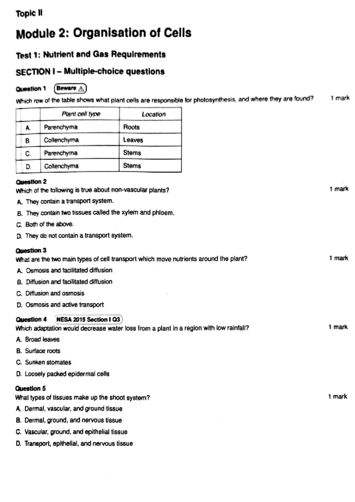 Bio Test Paper (A) - Year 11 Biology Topic II: Organisation of Cells ...