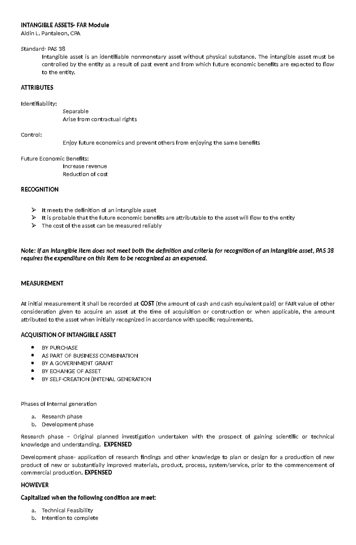 INTANGIBLE ASSETS FAR Module: PAS 38 Overview and Key Concepts - Studocu