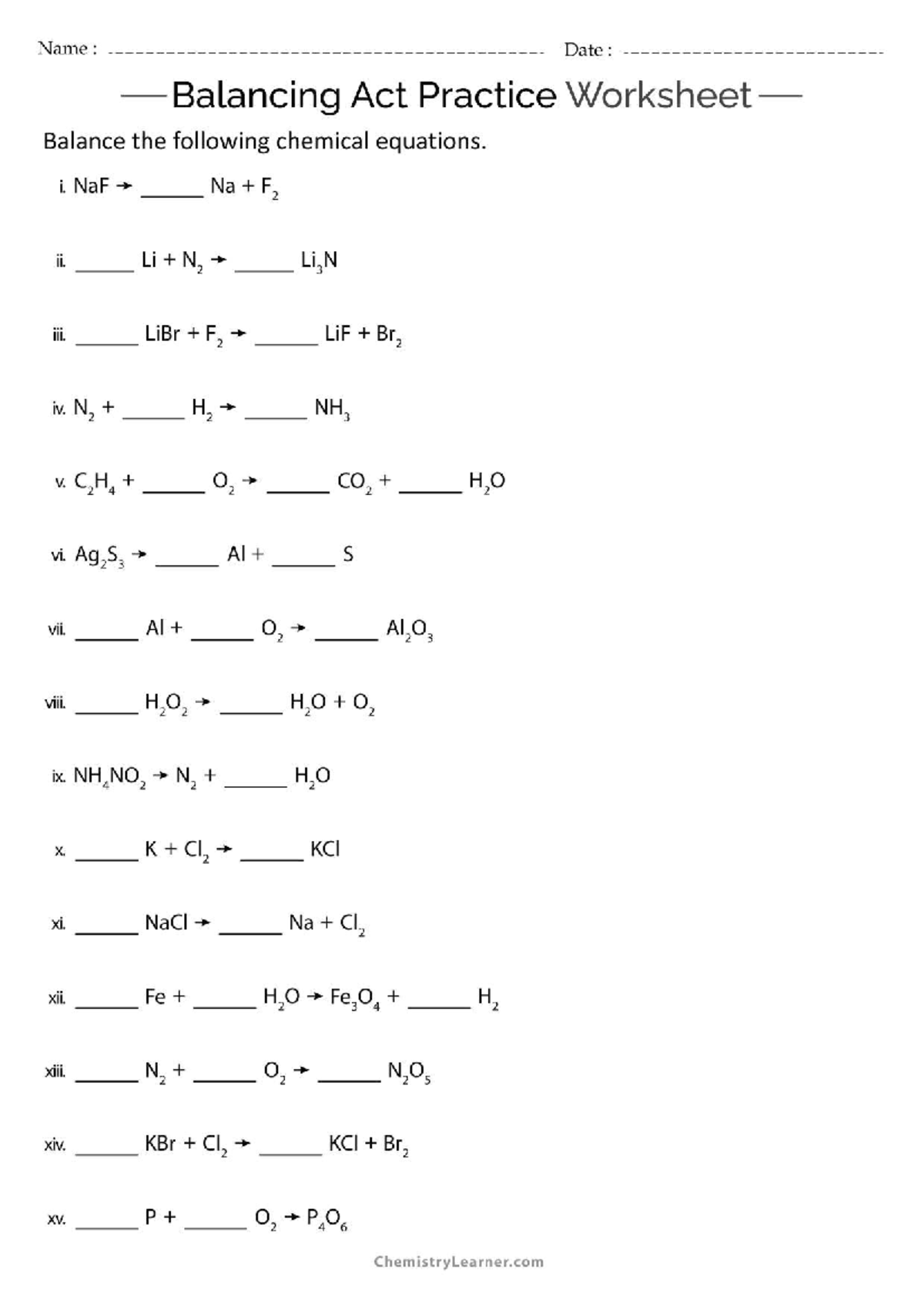 Balancing Act Practice Worksheet: Chemical Equations (Chem 101) - Studocu