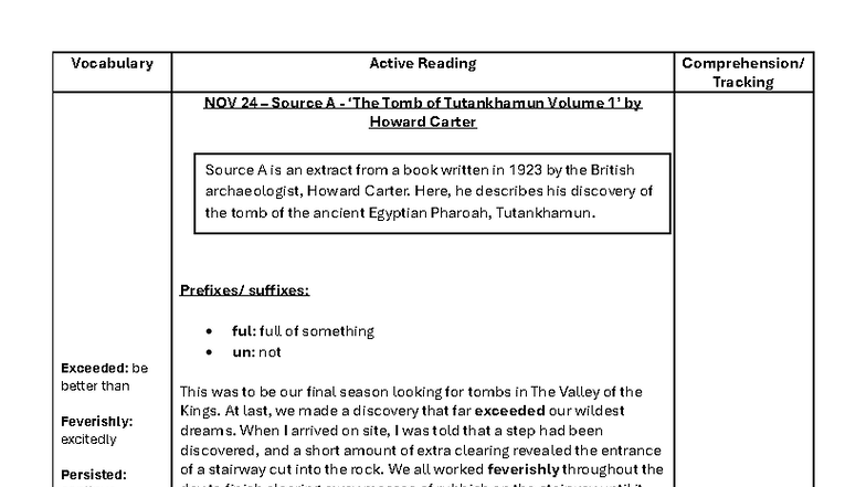Vocabulary Active Reading: Howard Carter's Discovery of Tutankhamun's ...