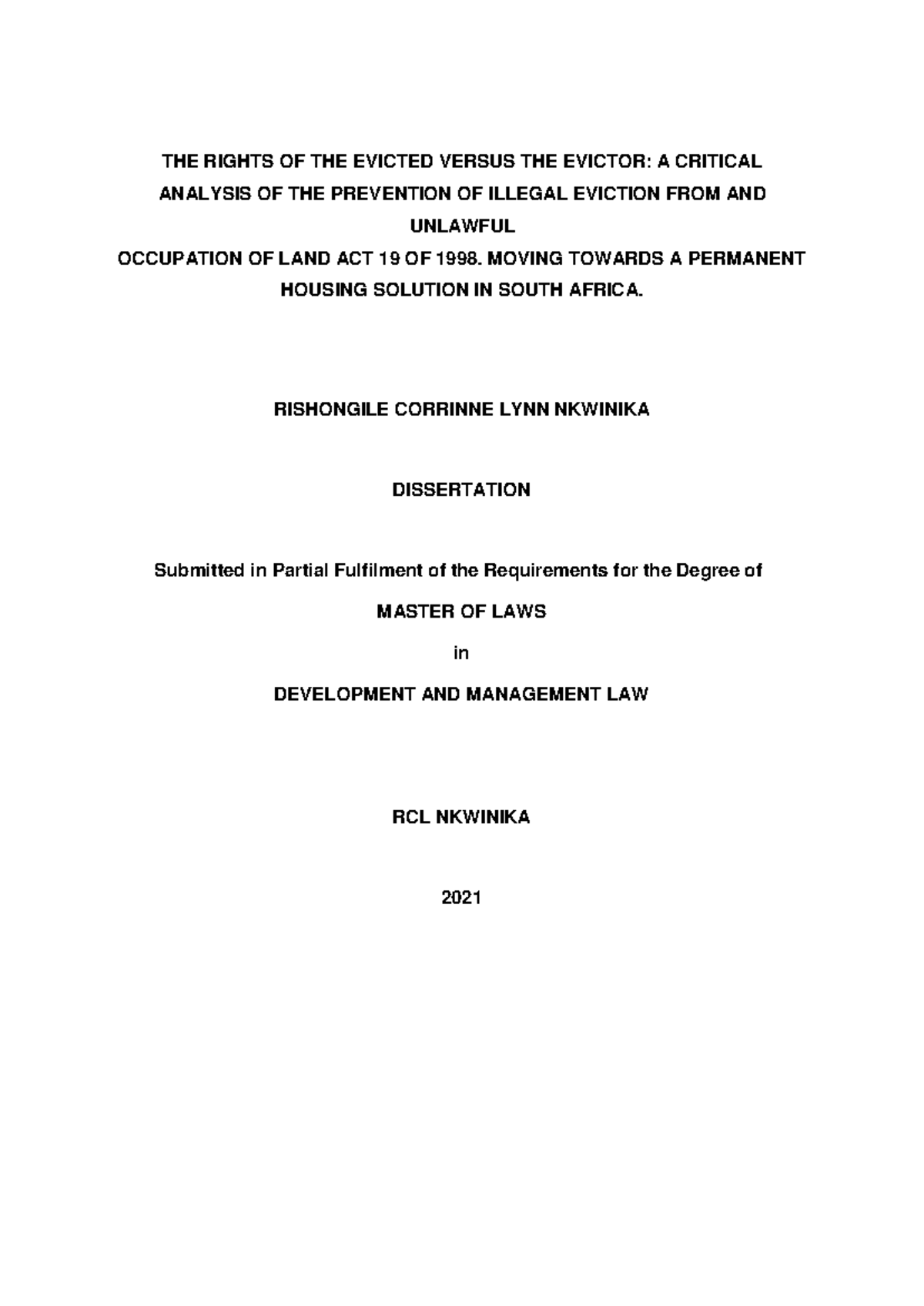 Dissertation on the PIE Act: Preventing Illegal Eviction in SA - Studocu