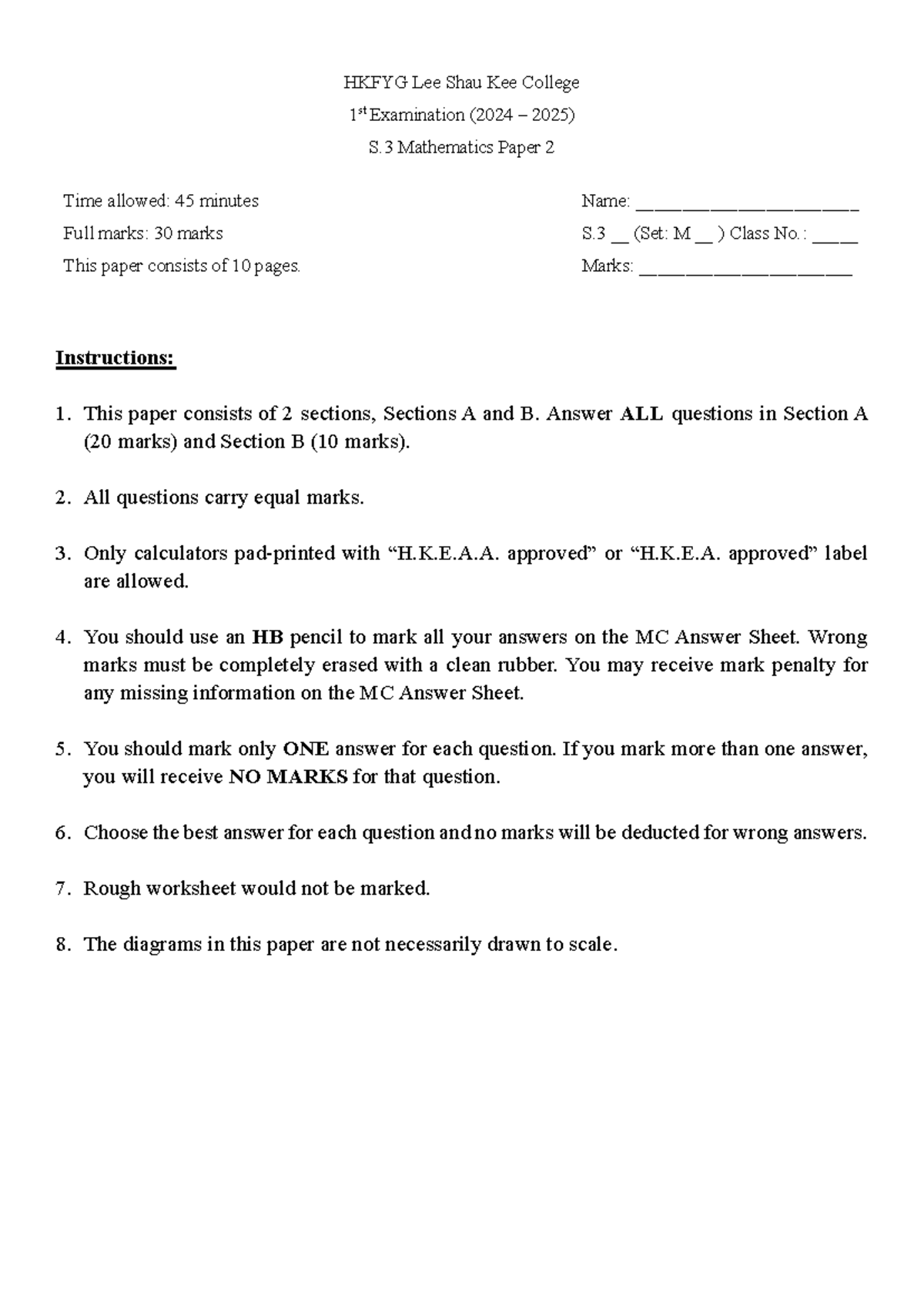 HKFYG Lee Shau Kee College S.3 Mathematics 1st Exam Paper 2 (2024-2025 ...