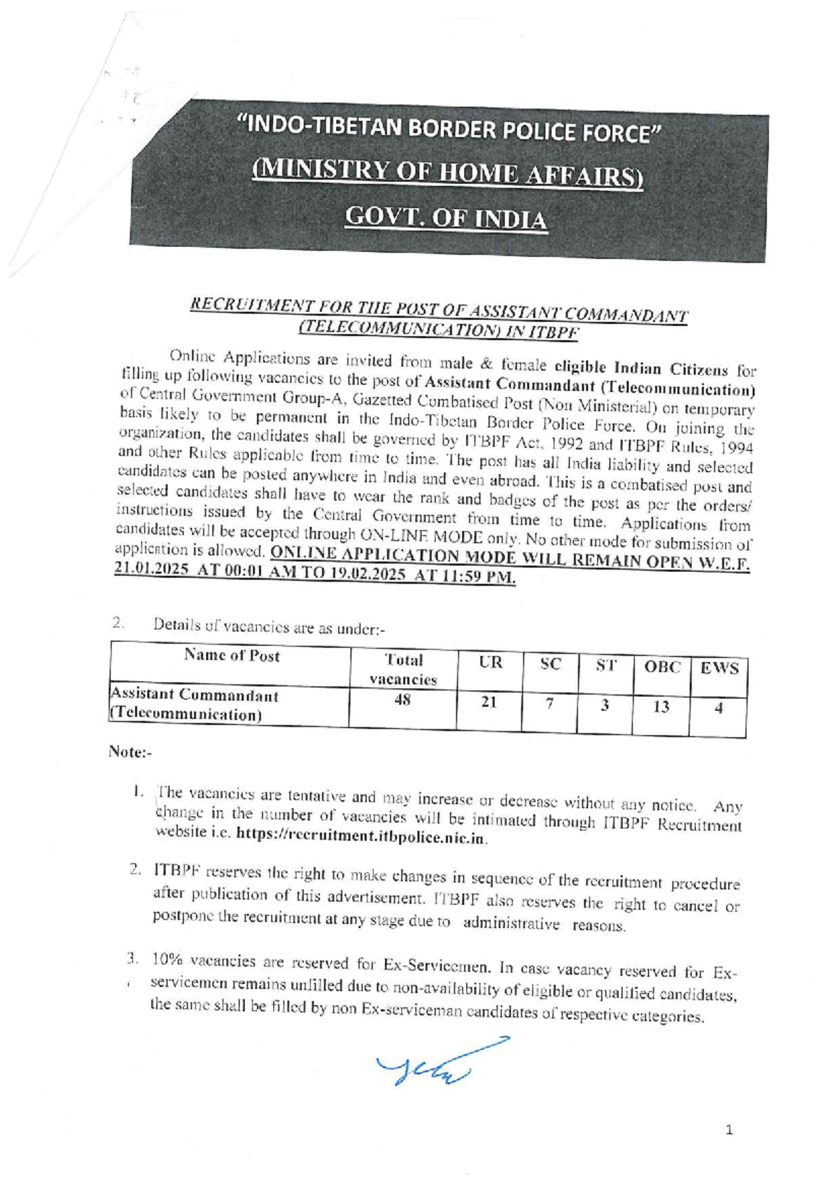 ITBPF Recruitment 2025: Assistant Commandant (Telecommunication ...