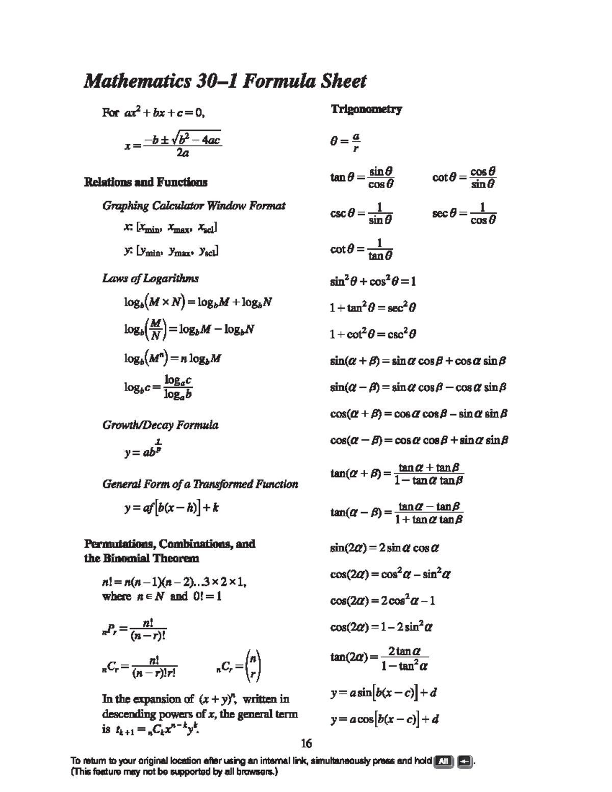 Math 30-1 Formula Sheet - Mathematics Formula Sheet For Trigonometry ...