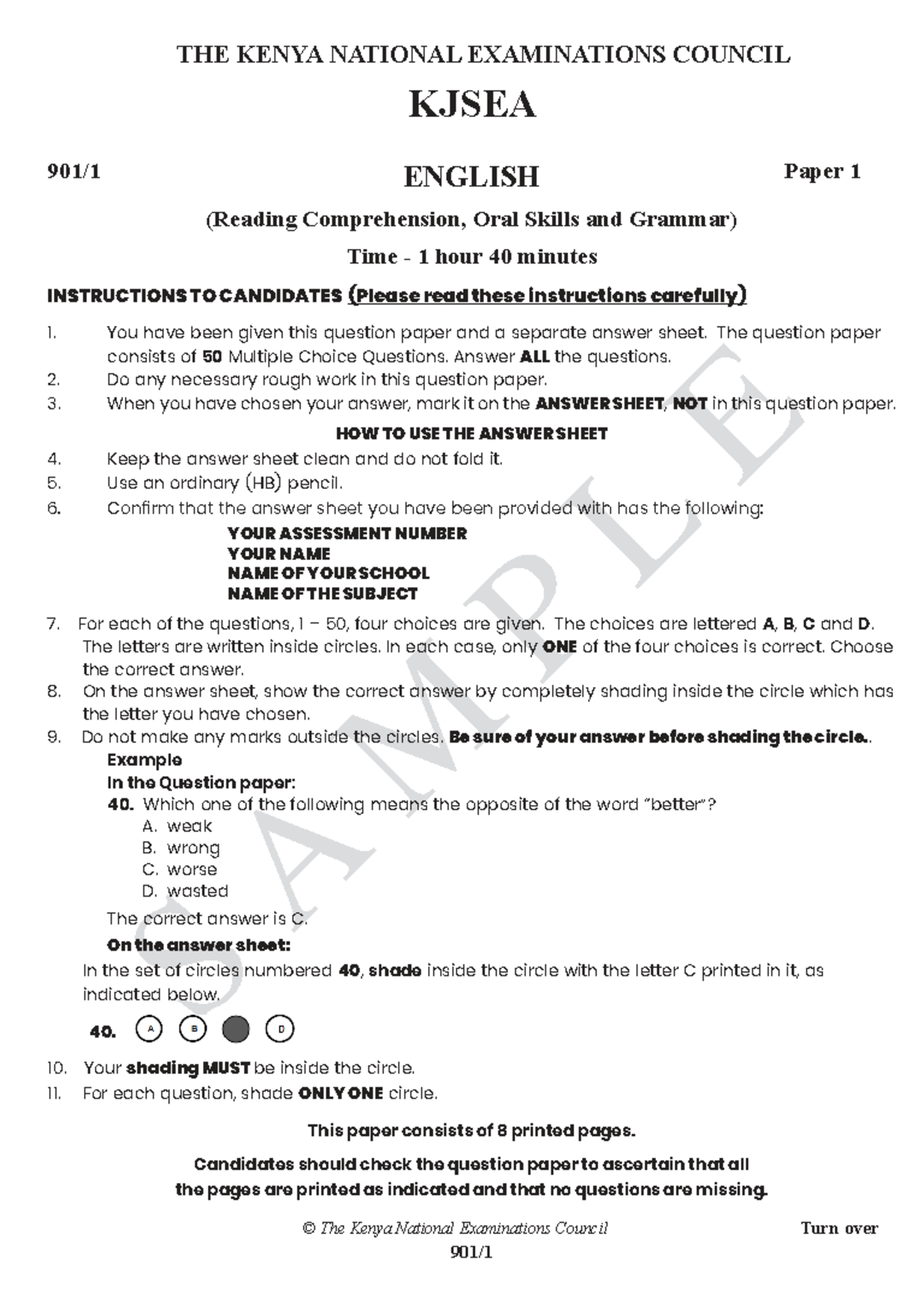 KJSEA Paper 1 English: Reading Comprehension & Grammar Guide - Studocu
