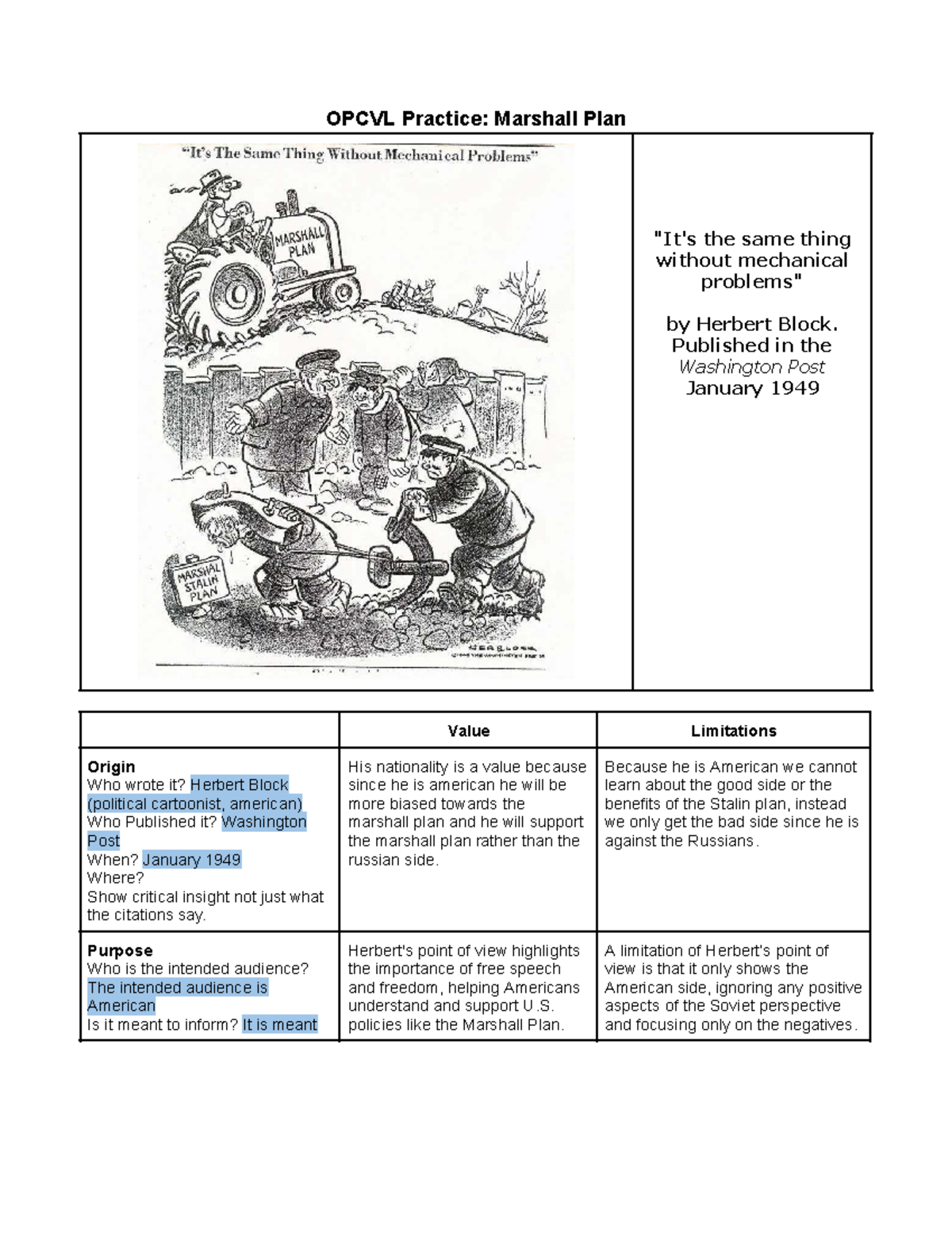 OPCVL Practice: Analyzing Herbert Block's Marshall Plan Cartoon - Studocu