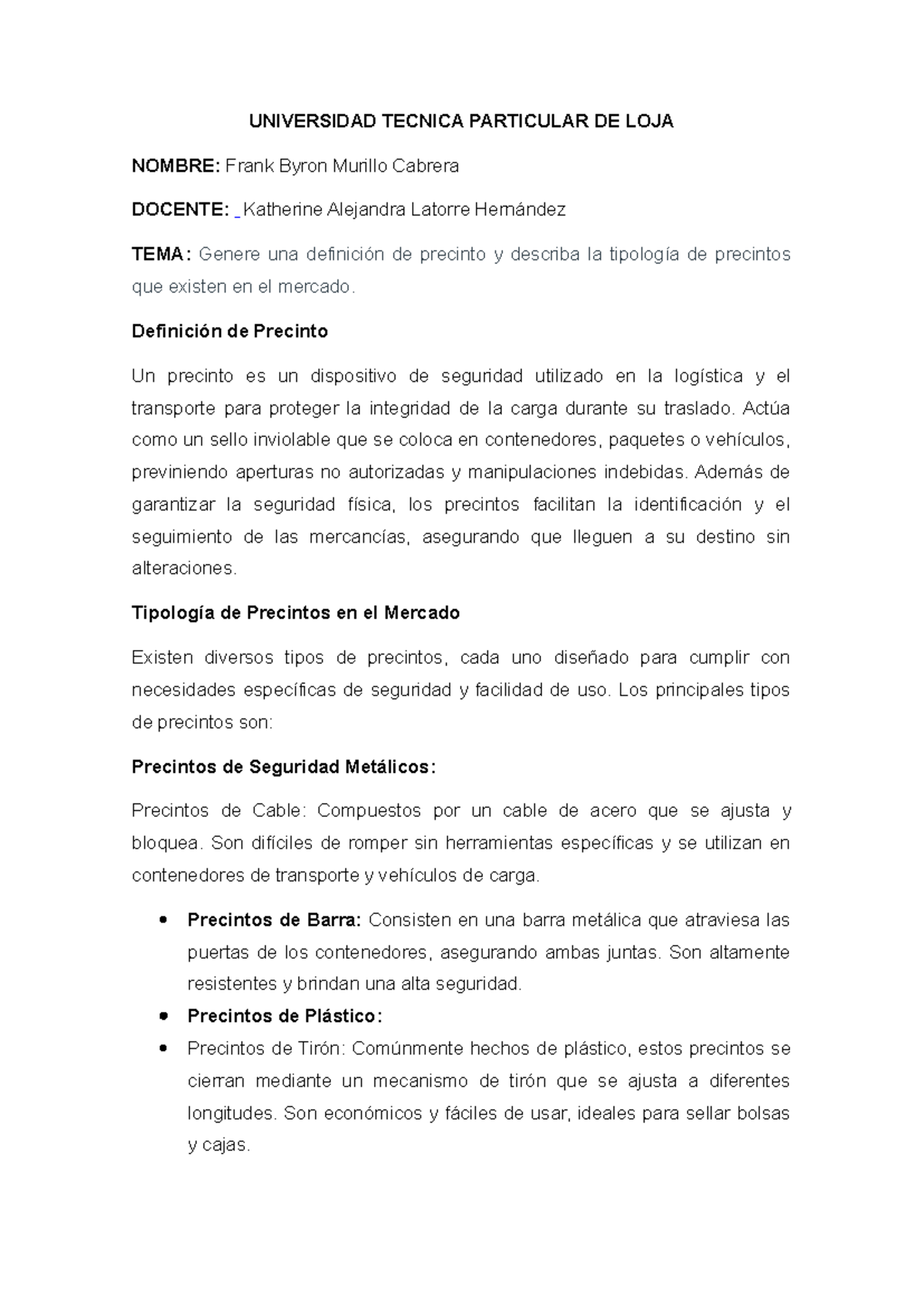 Definición y Tipología de Precintos en Logística y Transporte - Studocu
