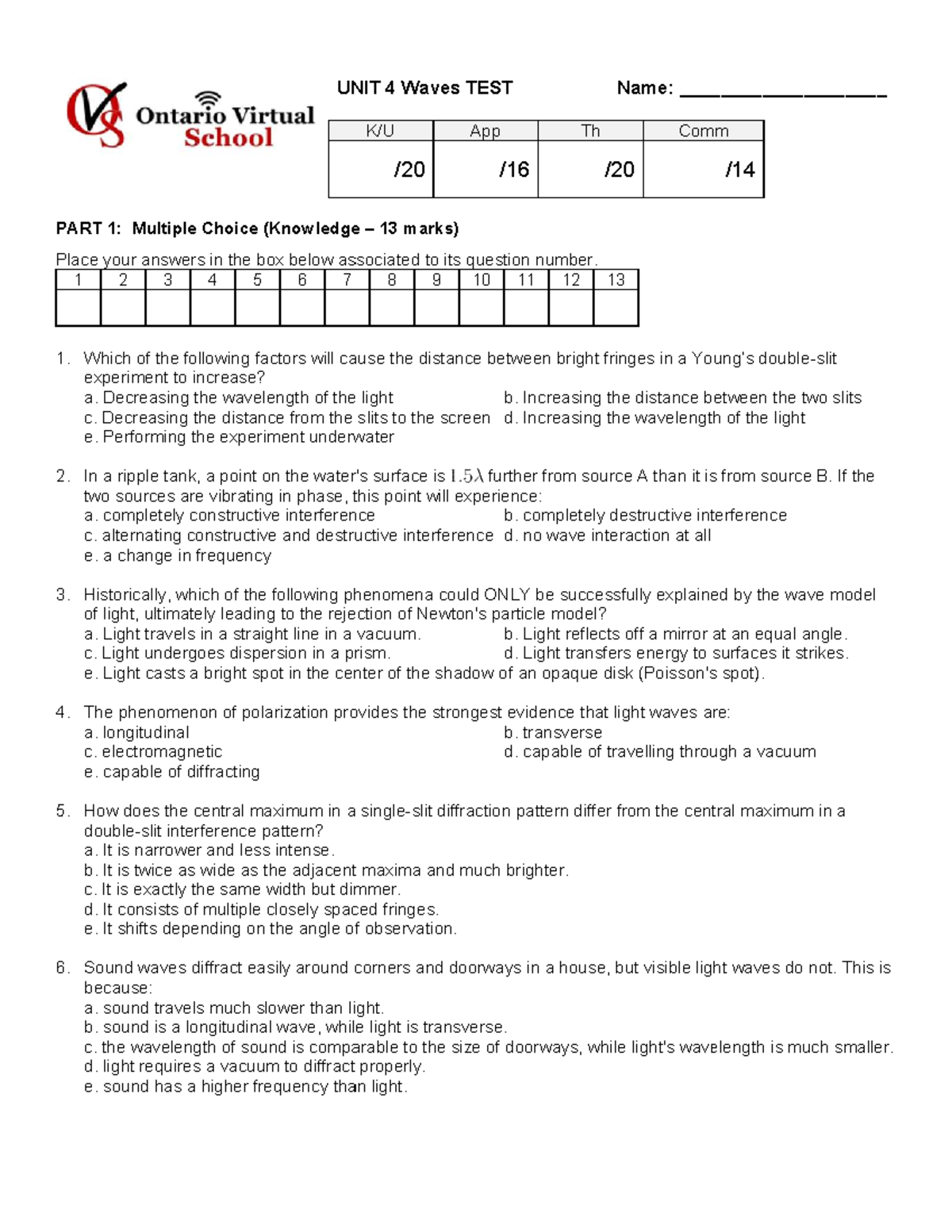 SPH4U U4 Waves Test: Multiple Choice & Problem Solving - Studocu