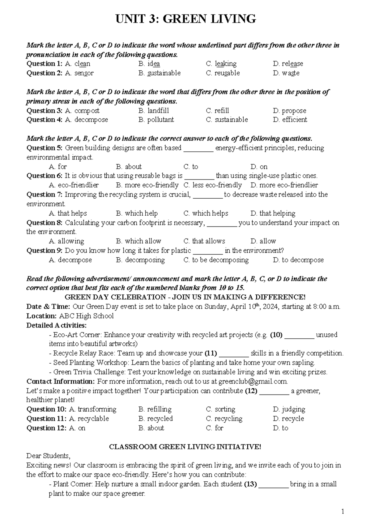 Unit 3 - Green Living: Quizzes and Initiatives for Eco-Friendly ...