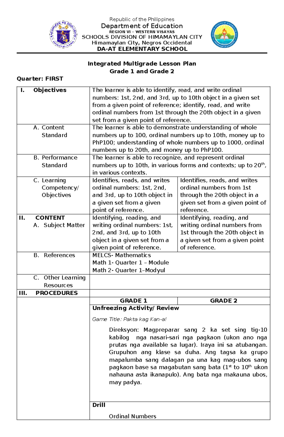 Final Exam MATH-CO Grade 1 & Grade 2 1st Quarter Lesson Plan on ...
