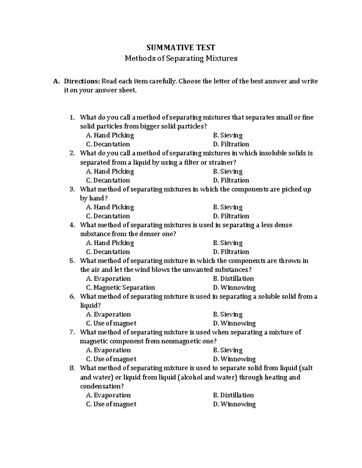 Science 1st performance task - SUMMATIVE TEST Methods of Separating ...