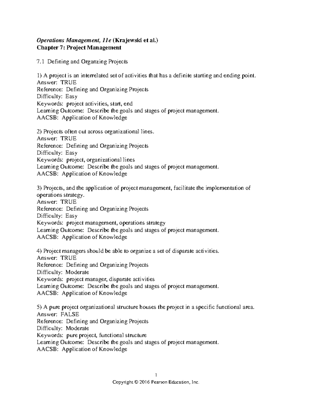Operations Management Chapter 7: Project Management Quiz - Studocu