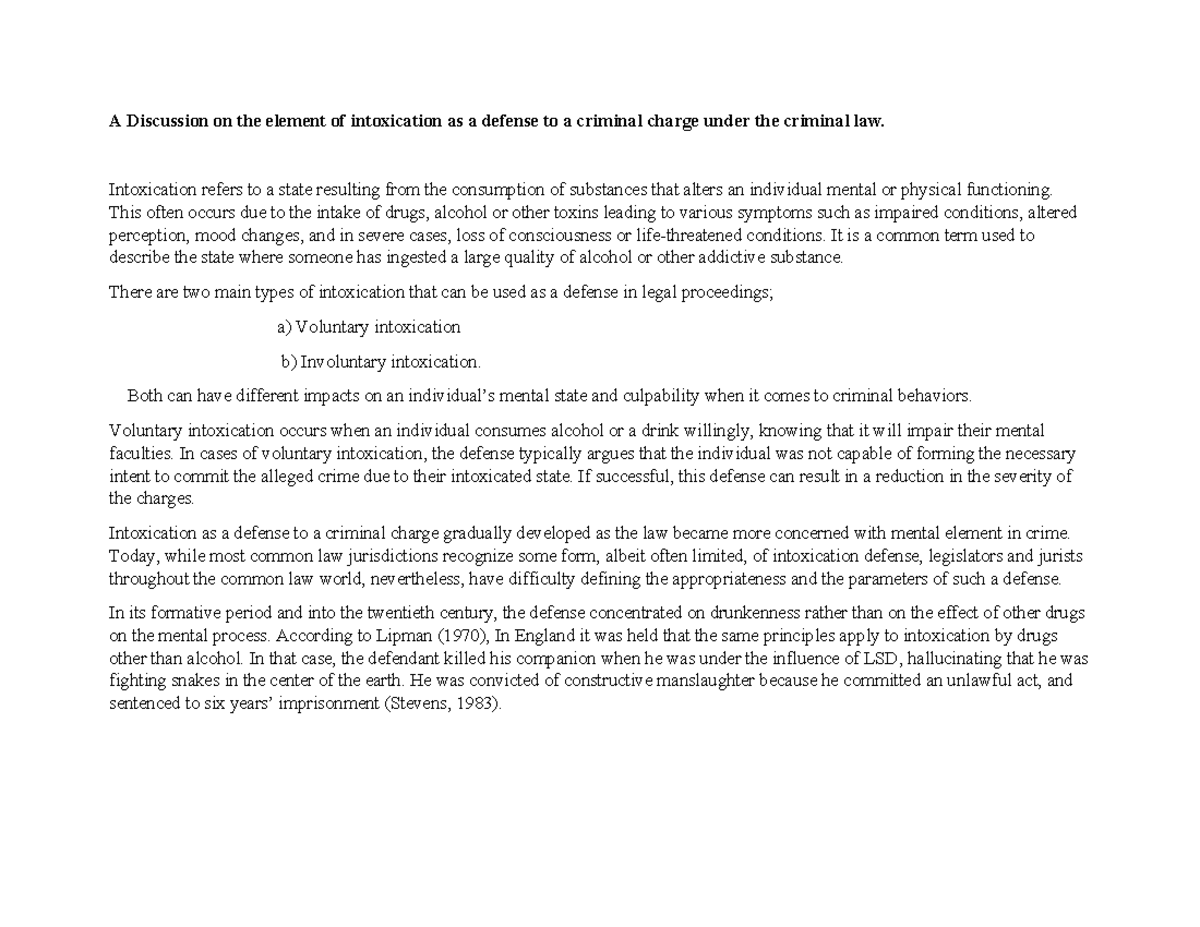 Intoxication as a Defense in Criminal Law: Understanding Key Elements ...