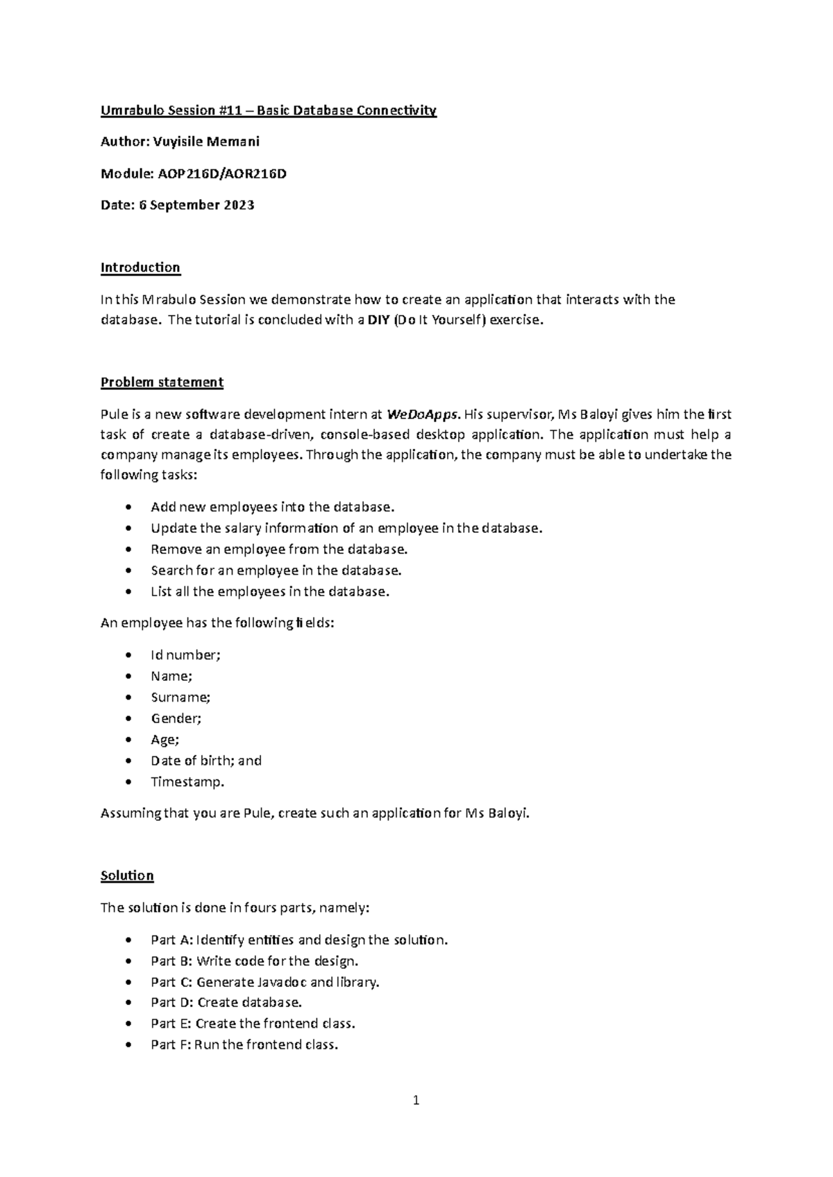 AOP AOR DB Tutorial 11: Basic Database Connectivity Guide - Studocu