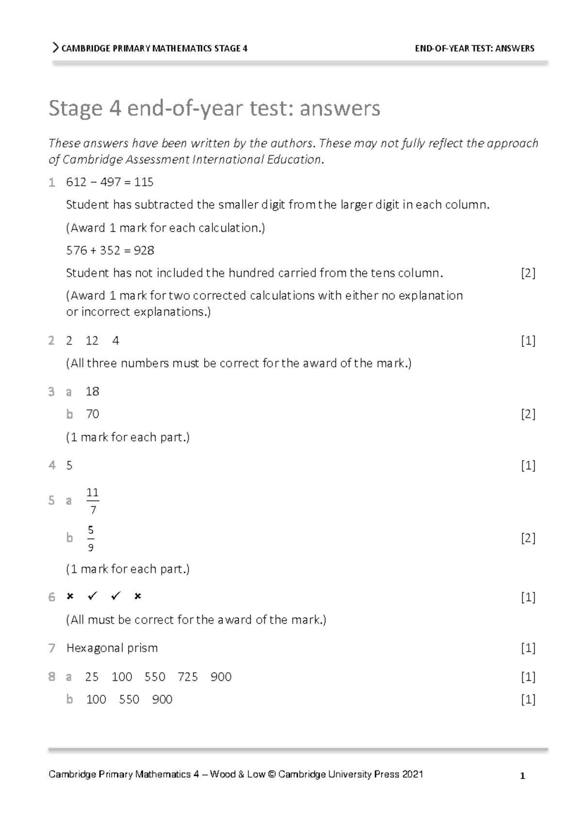 CAMBRIDGE PRIMARY MATHEMATICS STAGE 4 END OF YEAR TEST: ANSWERS - Studocu
