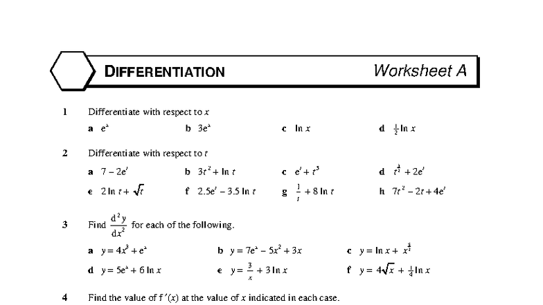 PMT C3 Worksheet A - Differentiation Questions and Solutions - Studocu