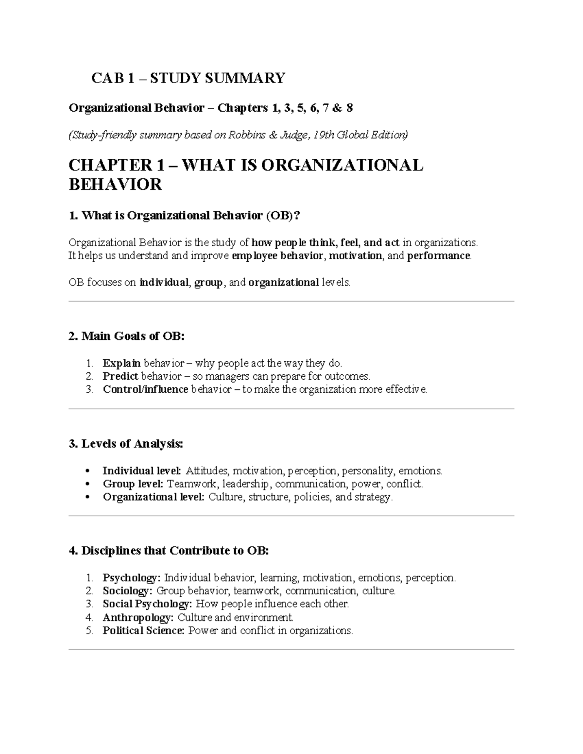 CAB 1 EXAM Summary: Key Concepts in Organizational Behavior and Theory ...