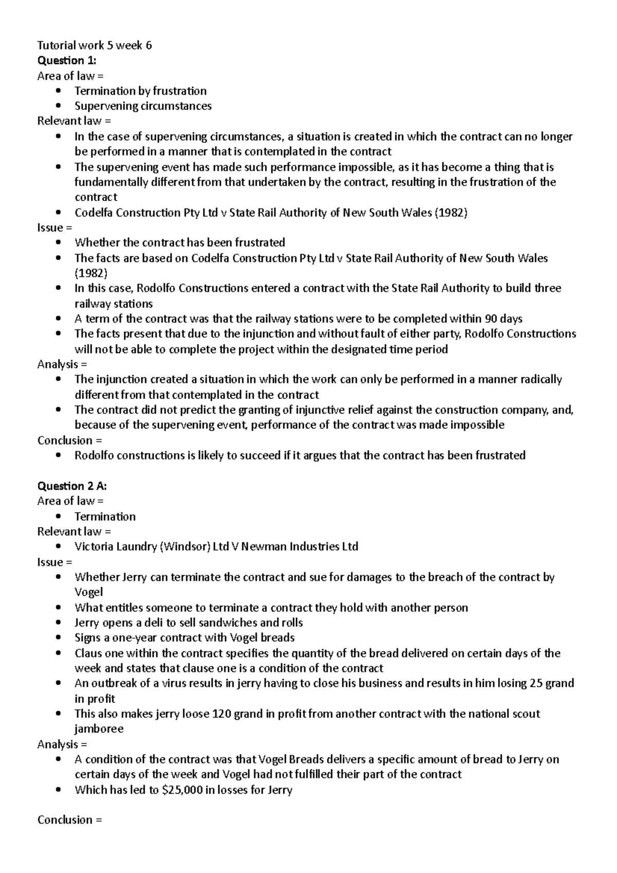 introduction to Law questions tutorial 5 week 6 - Tutorial work 5 week ...