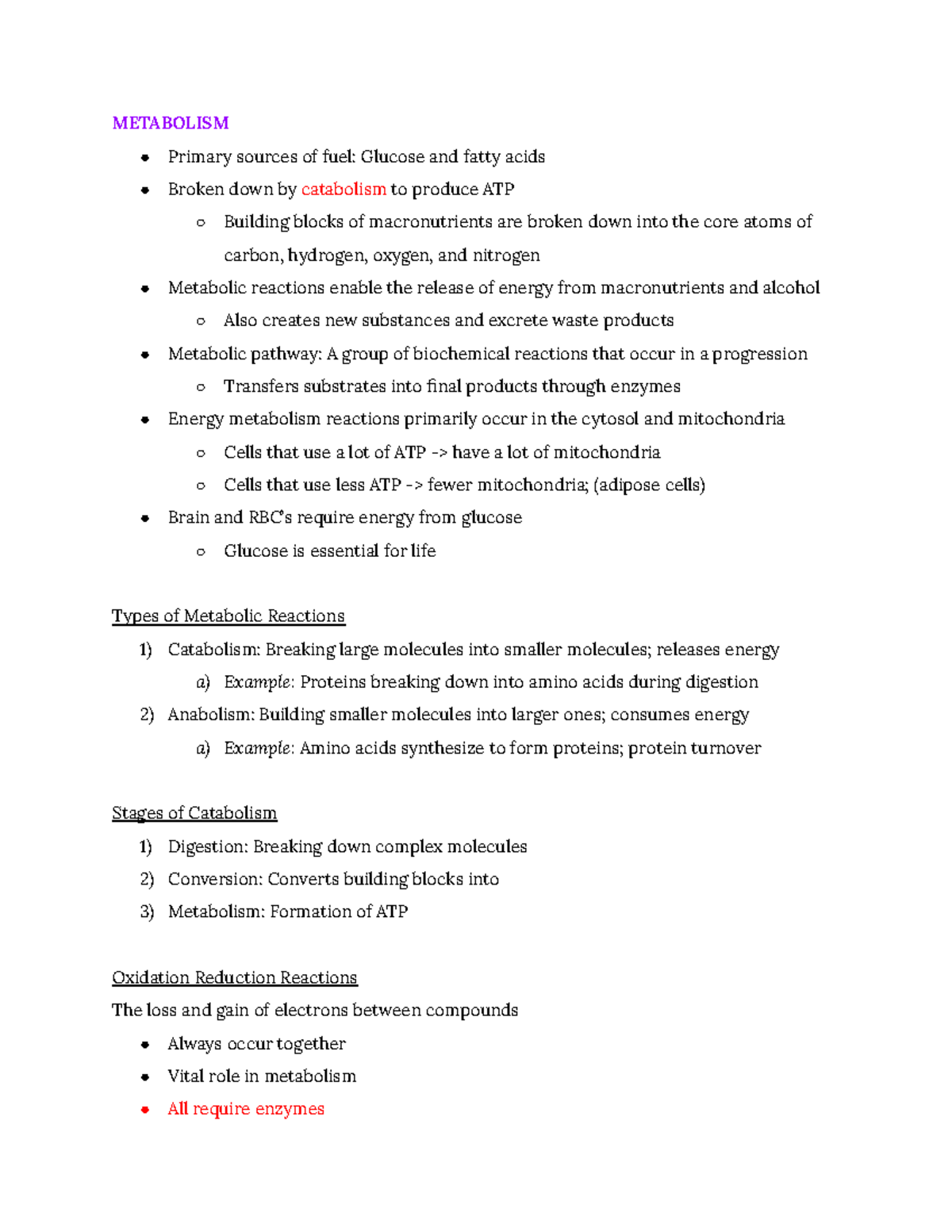 Nutrition CH9: Energy Metabolism Overview & Pathways - Studocu