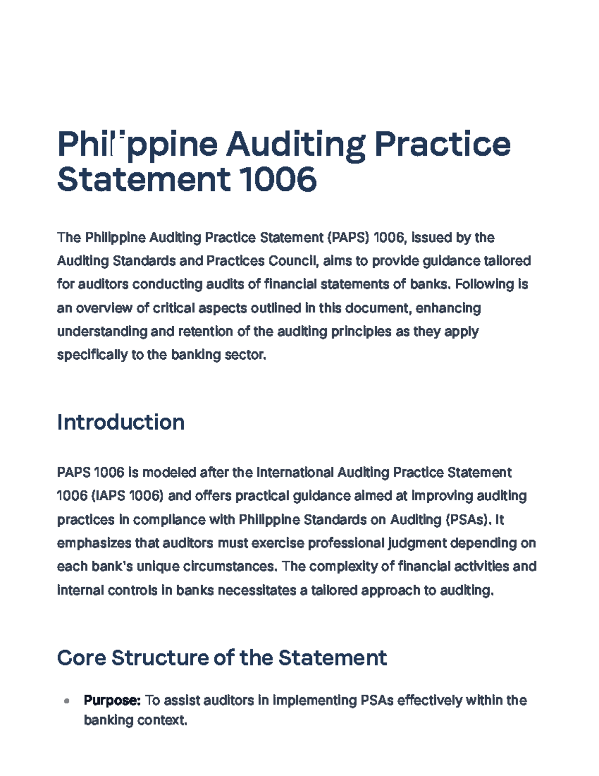 PAPS 1006 - Summary of Philippine Auditing Practices for Banks - Studocu