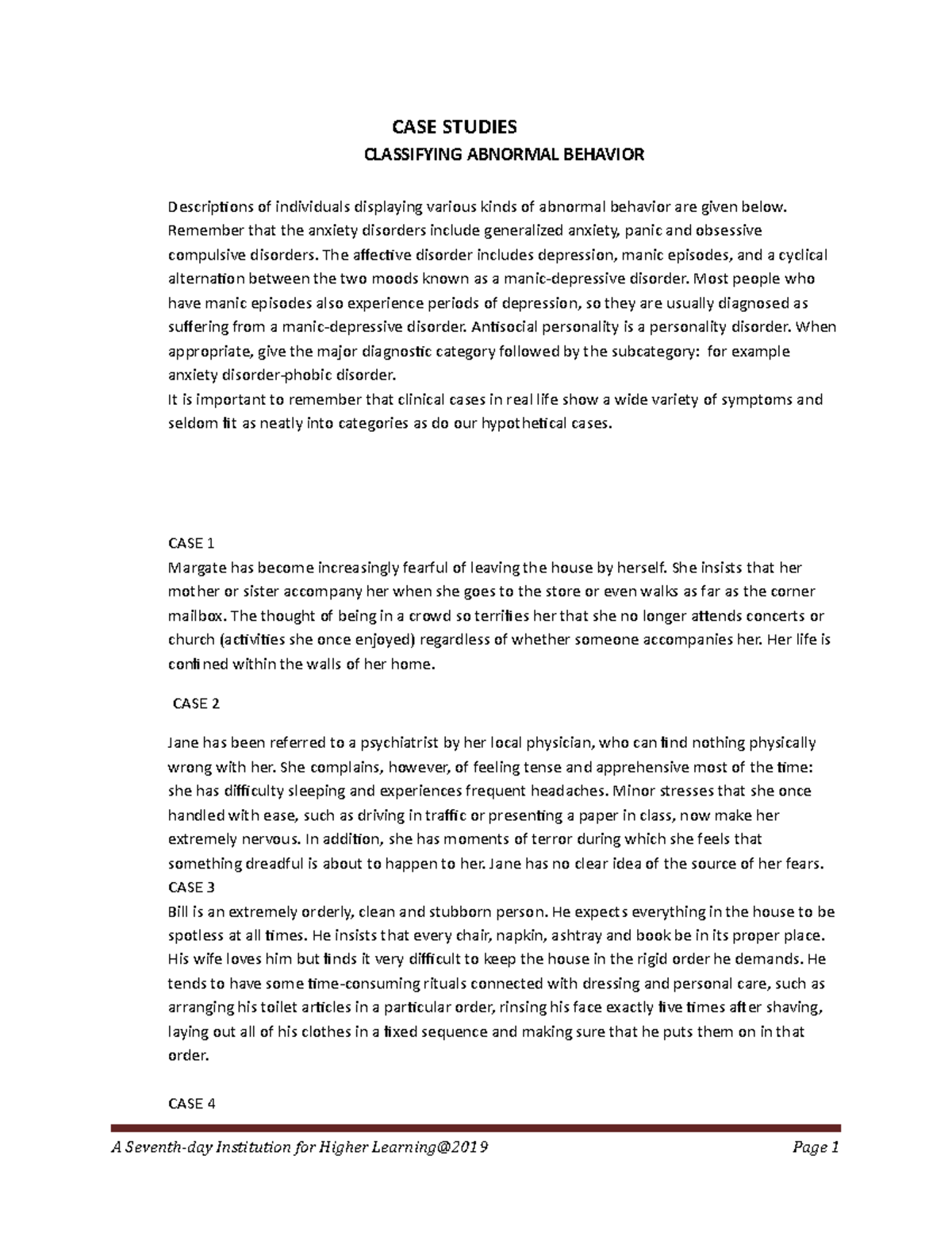 Abnormal Psychology - Case Study Analysis and Overview - Studocu