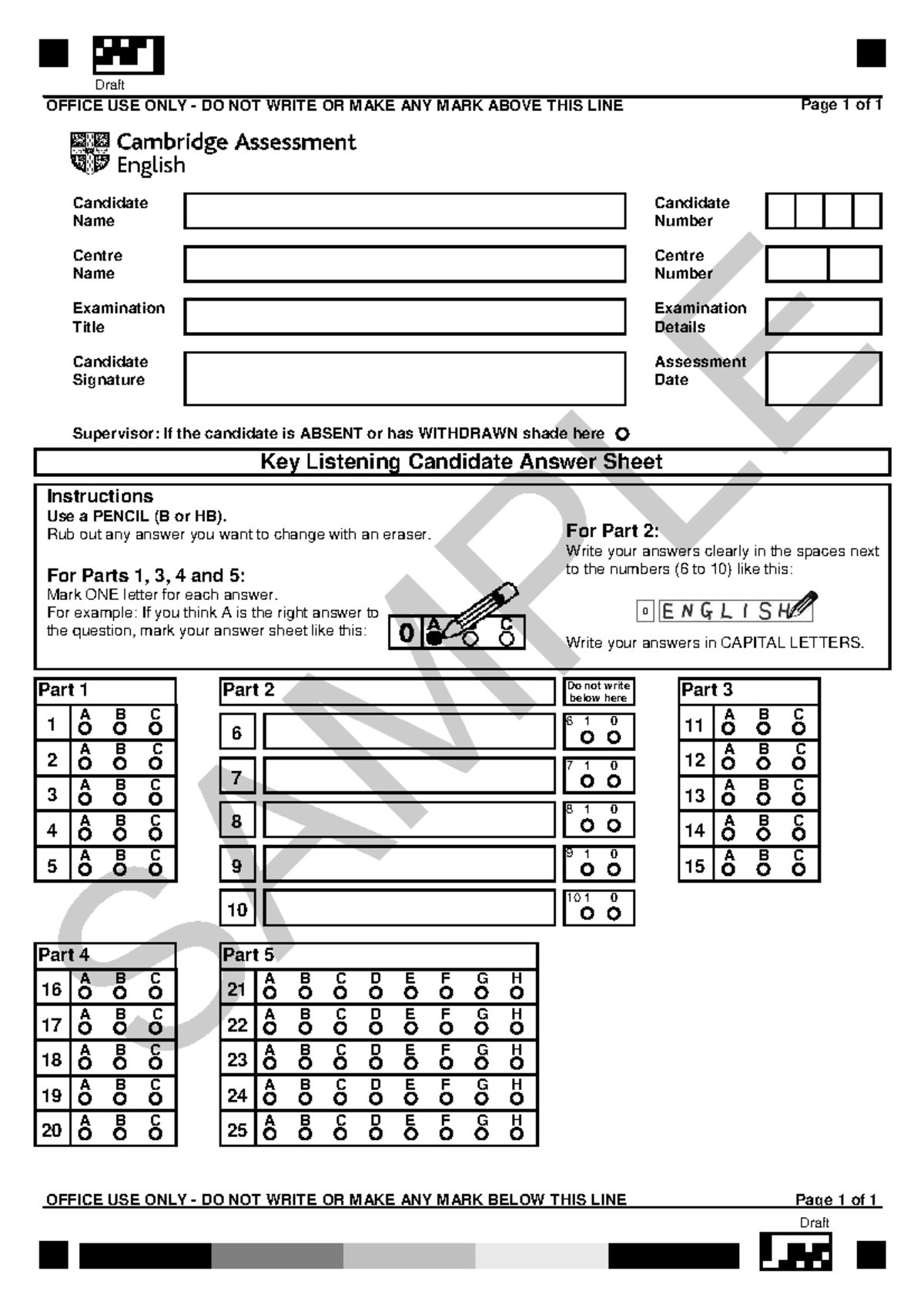 A2 Key Listening Sample Answer Sheet - Draft Version - Studocu