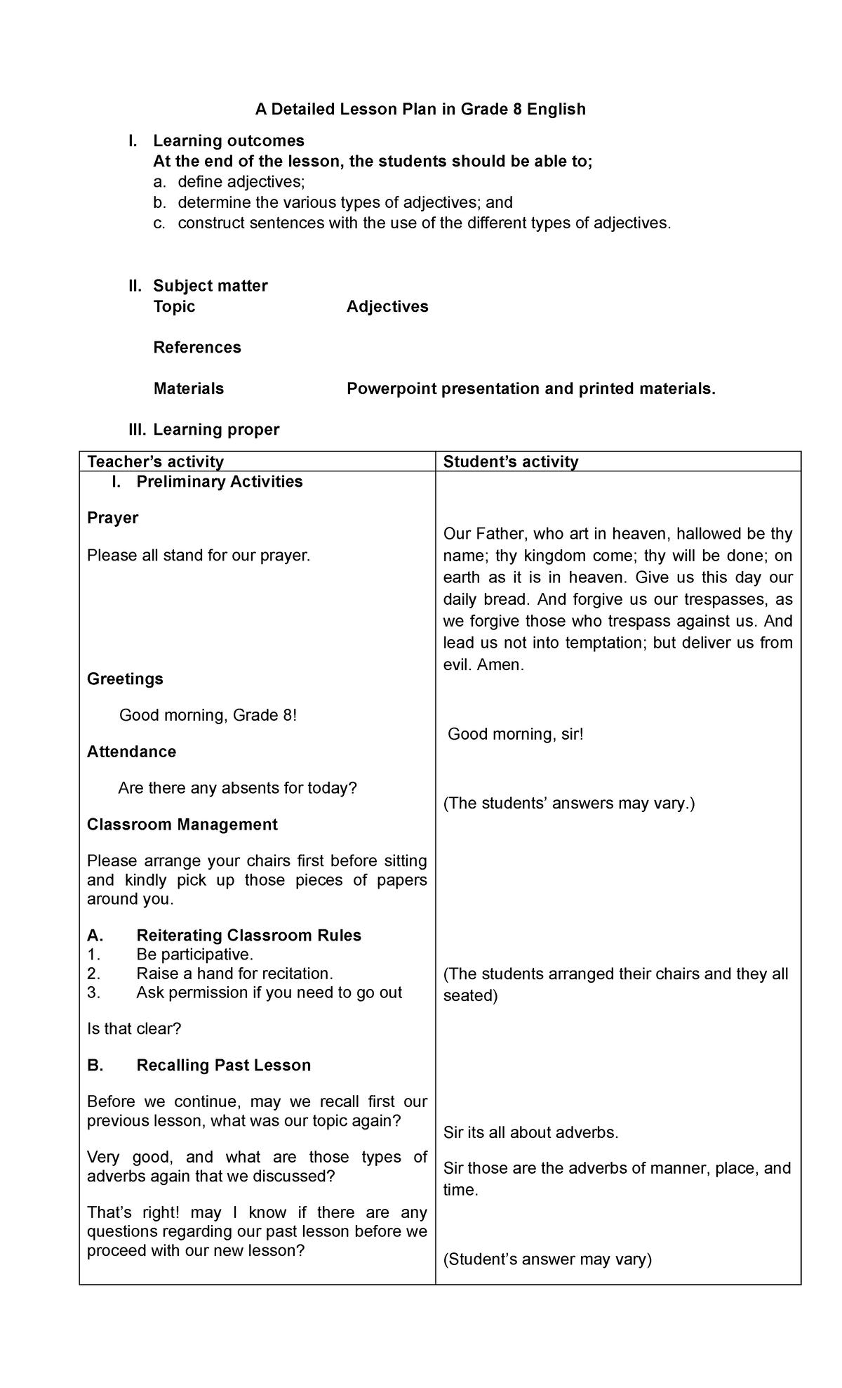 DLP - Grade 8 English Lesson Plan: Understanding Adjectives 085553 ...