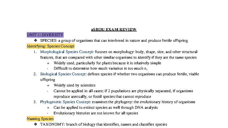 SBI3U EXAM REVIEW: UNIT 1 & 2 - DIVERSITY & GENETIC PROCESSES - Studocu