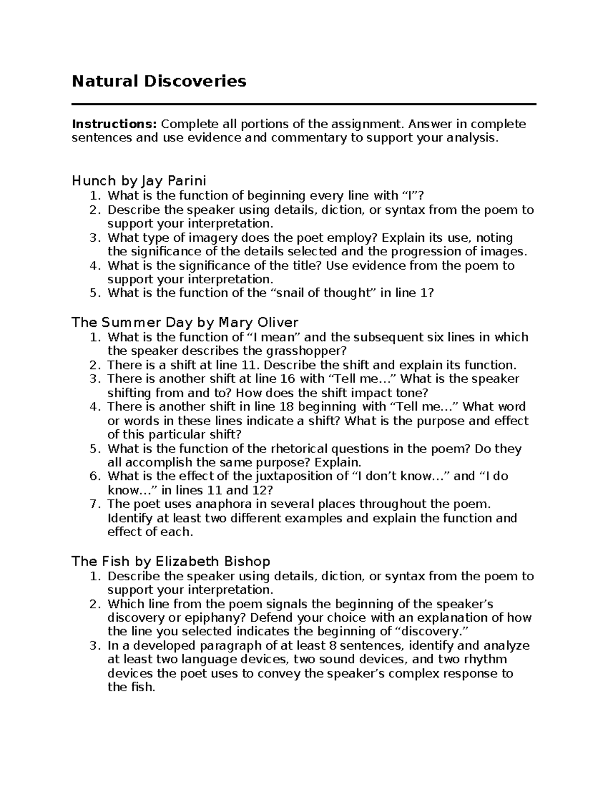 Natural Discoveries Analysis: Poems by Parini, Oliver, & Bishop (ENG ...