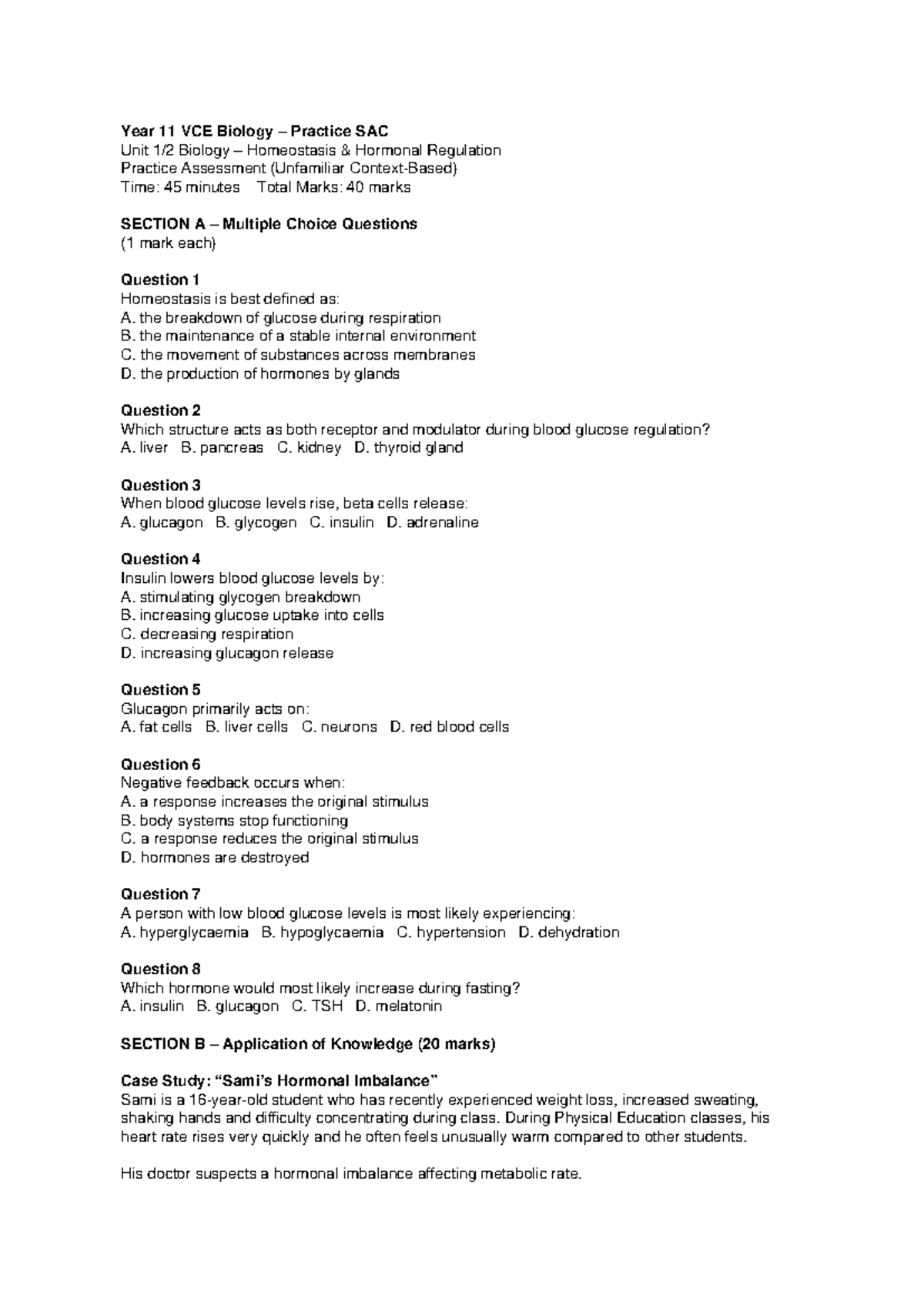 Year 11 VCE Biology Practice SAC: Homeostasis & Hormonal Regulation ...