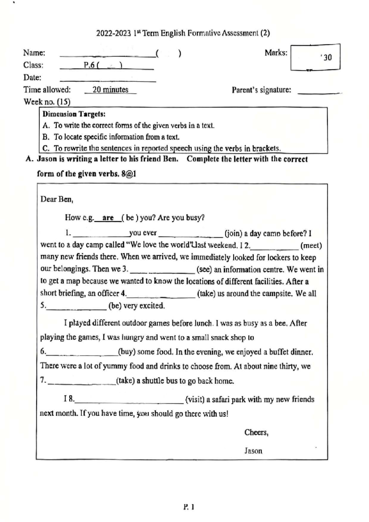 P.6 1st Term English Formative Assessment Worksheet - Studocu