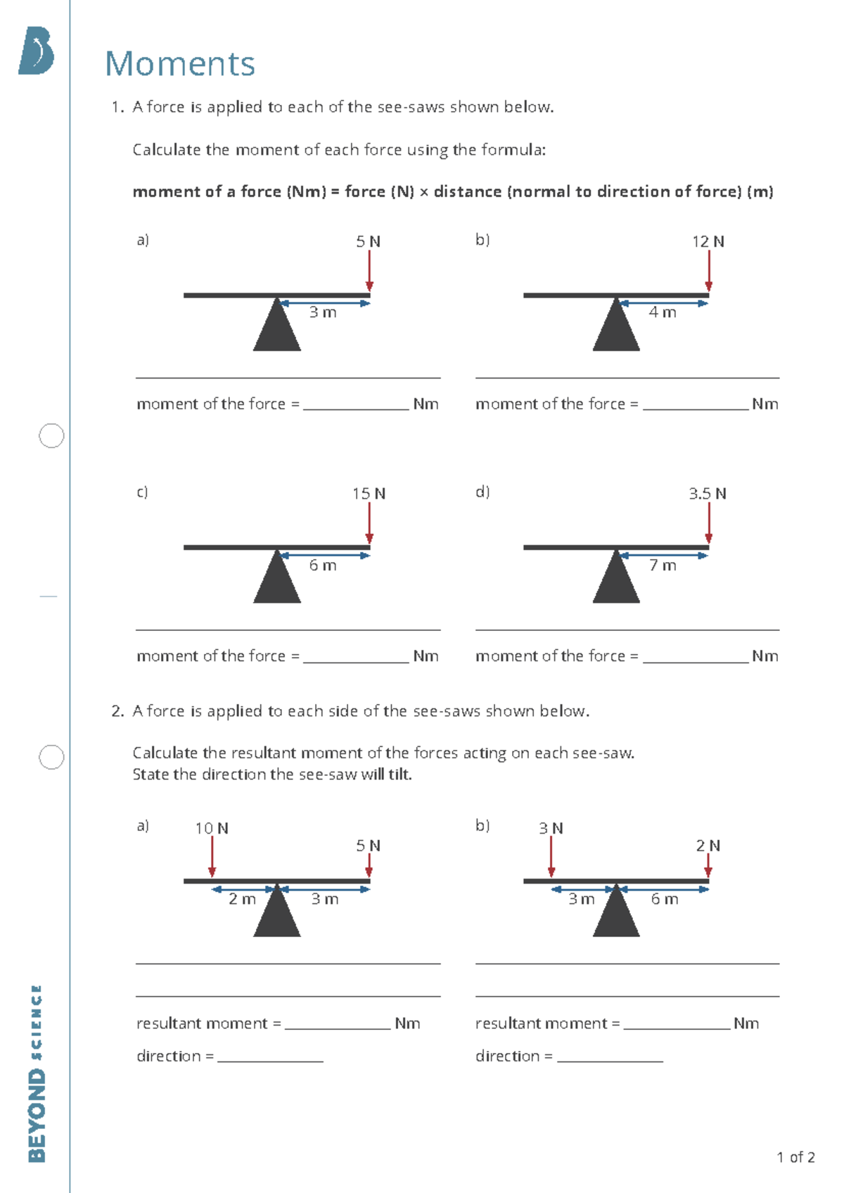 Moments Worksheet (Foundation) - Force Calculations and Resultant ...