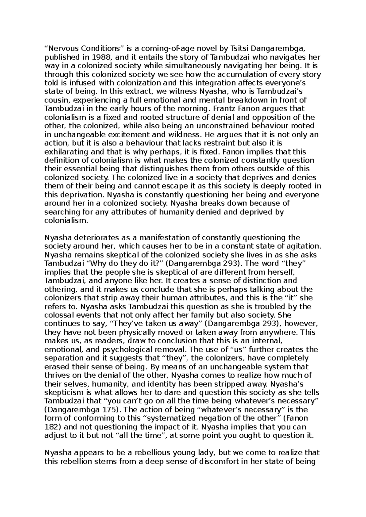 Nervous Conditions essay - “Nervous Conditions” is a coming-of-age ...