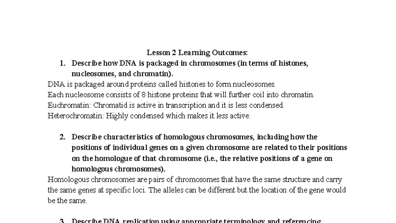 BIOL 2040 Lesson Outcomes: DNA Packaging, Replication, and Gene ...