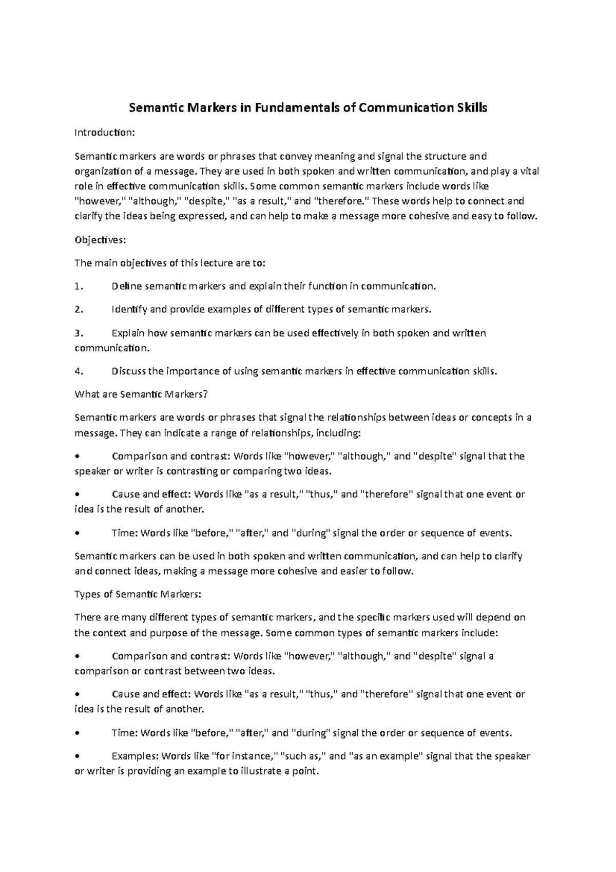 CMN 101: Lecture Notes on Semantic Markers in Communication Skills ...