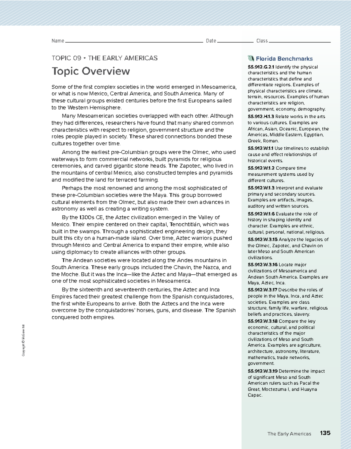 Emergency Lesson Plans 2 - Name Date Class TOPIC 09 • THE EARLY ...