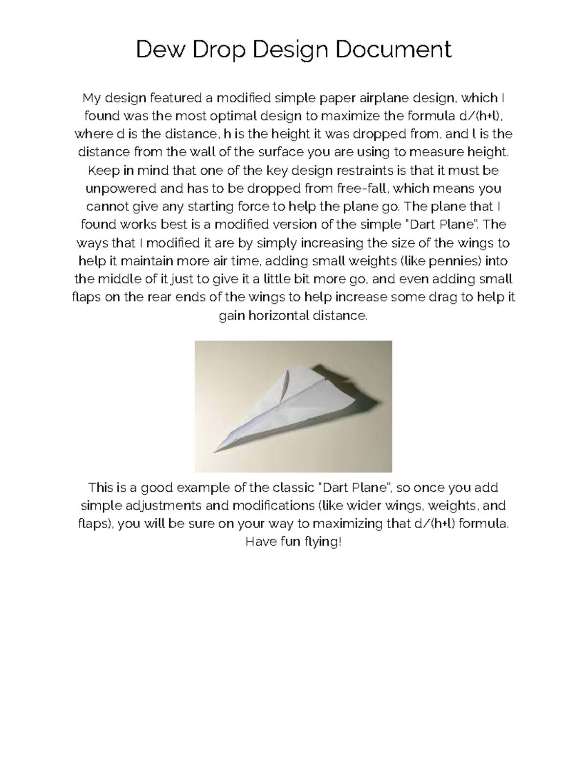Dew Drop Design Document: Optimizing Paper Airplane Flight - Studocu