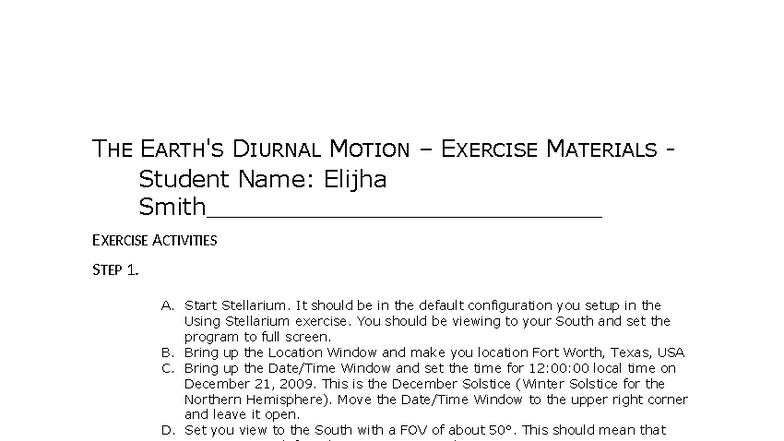 Earth's Diurnal Motion Lab F21: Exercise Materials and Activities - Studocu
