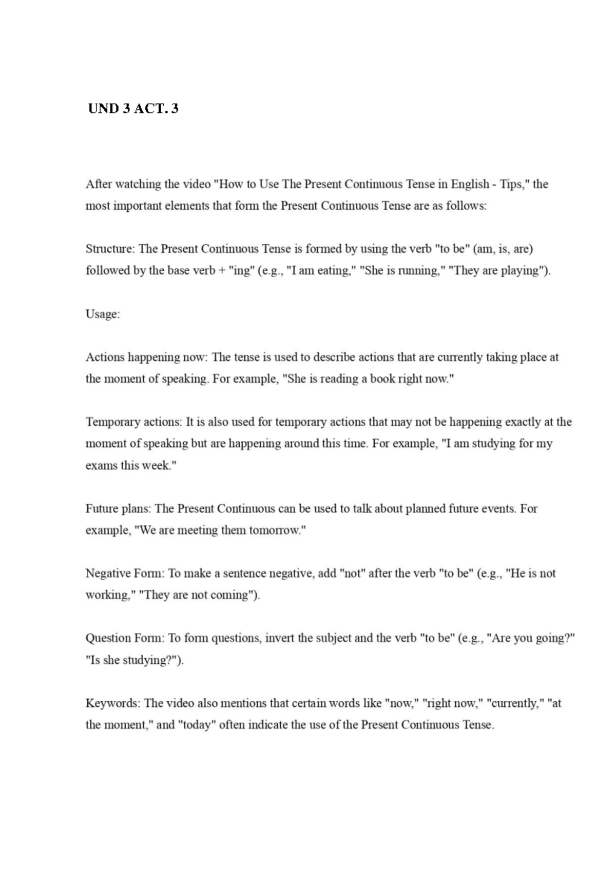 UND 3 ACT 3 - Present Continuous Tense Overview - Studocu