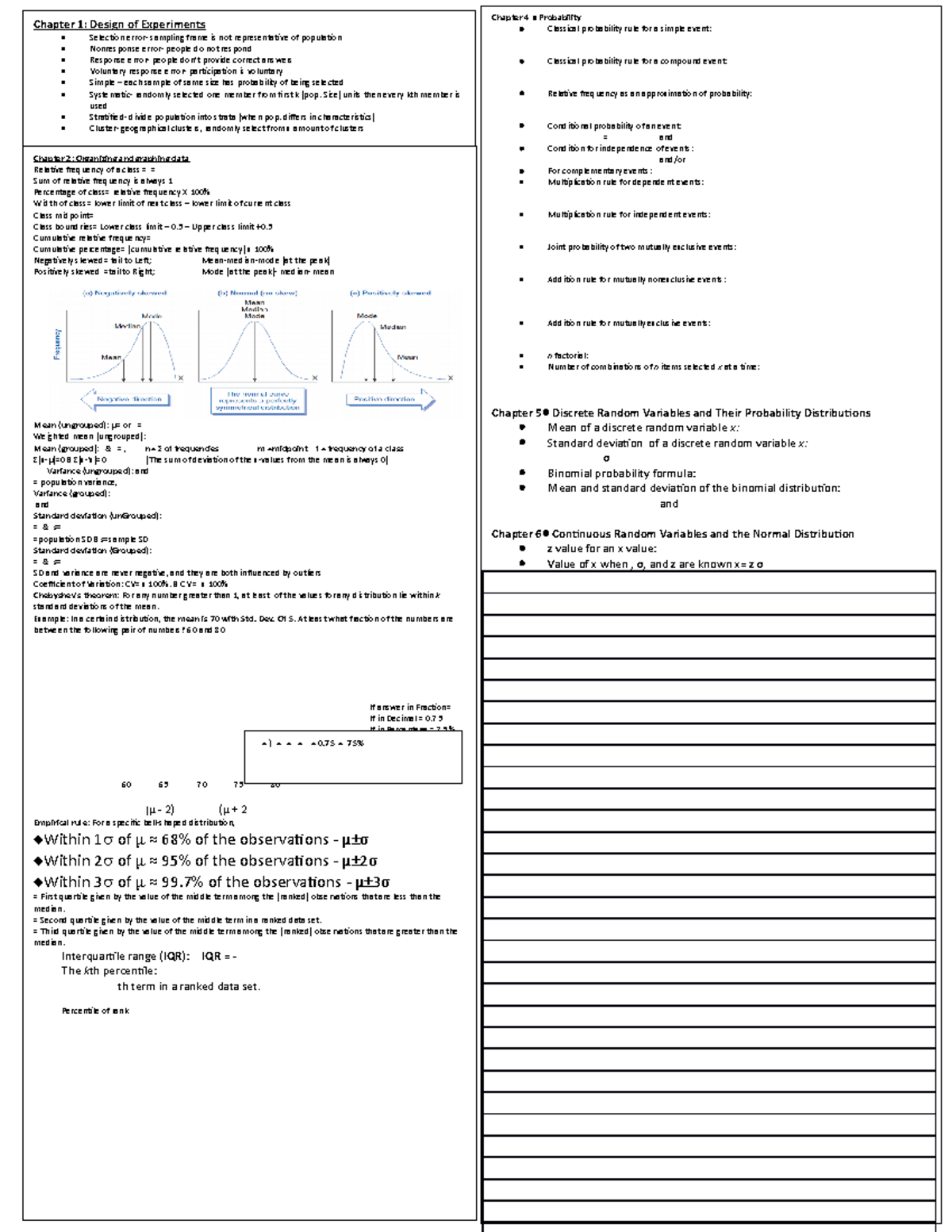 Math 215 midterm Formula Cheat Sheet - Chapter 1: Design of Experiments Selection error ...