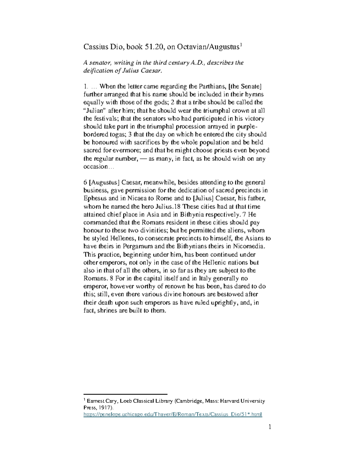 Cassius Dio's Account of Julius Caesar's Deification (Book 51.20) - Studocu