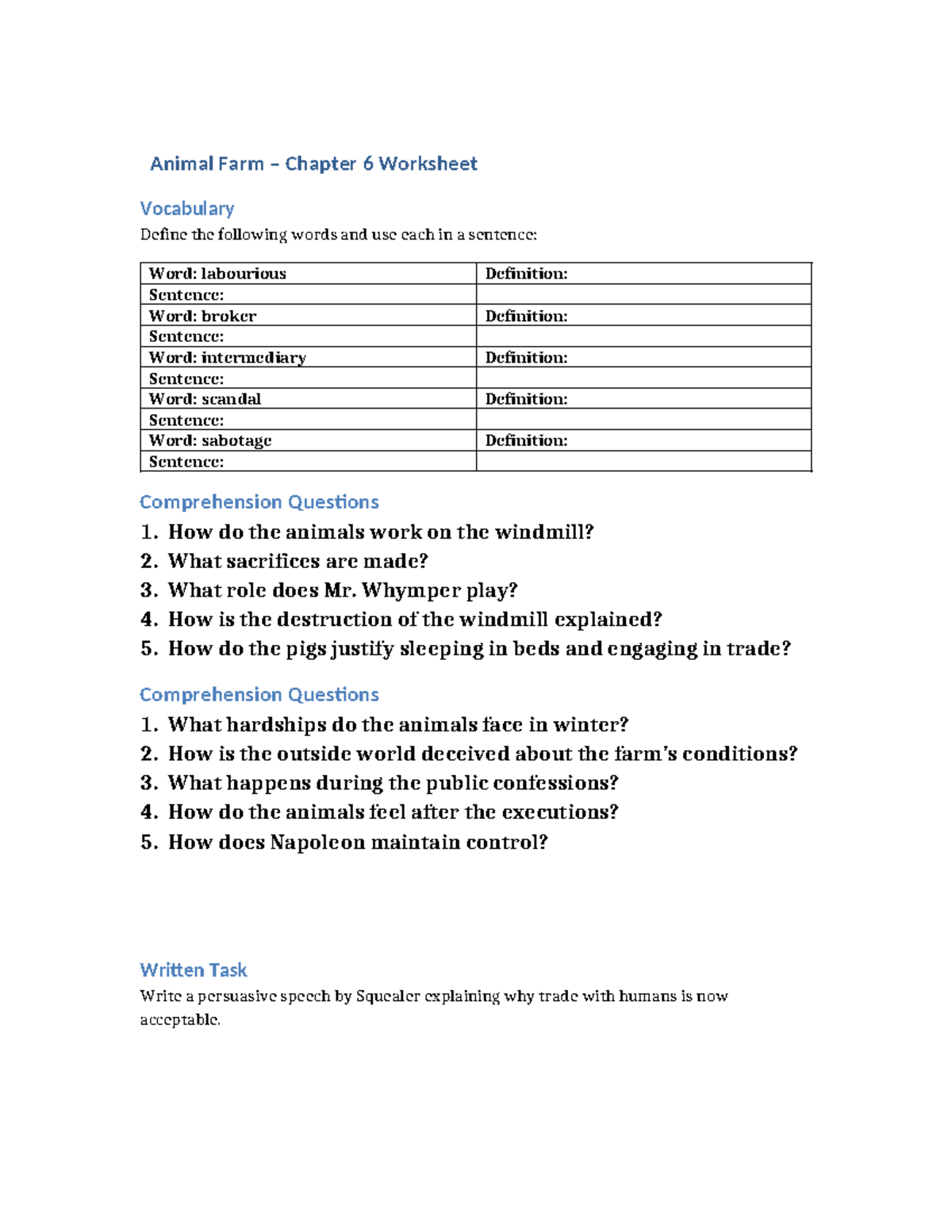 Animal Farm CH6 Enhanced Worksheet: Vocabulary & Comprehension - Studocu
