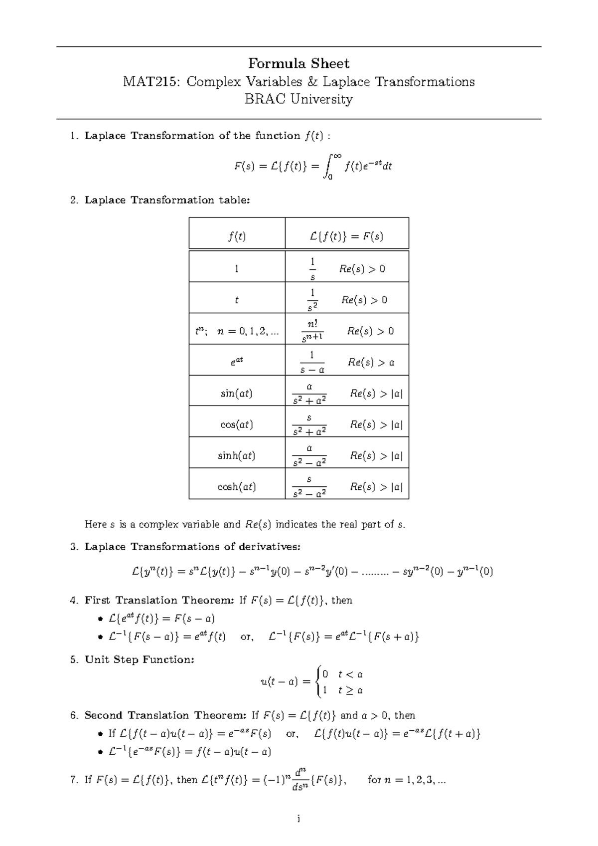 Formula Sheet MAT215: Laplace Transformations Overview - Studocu