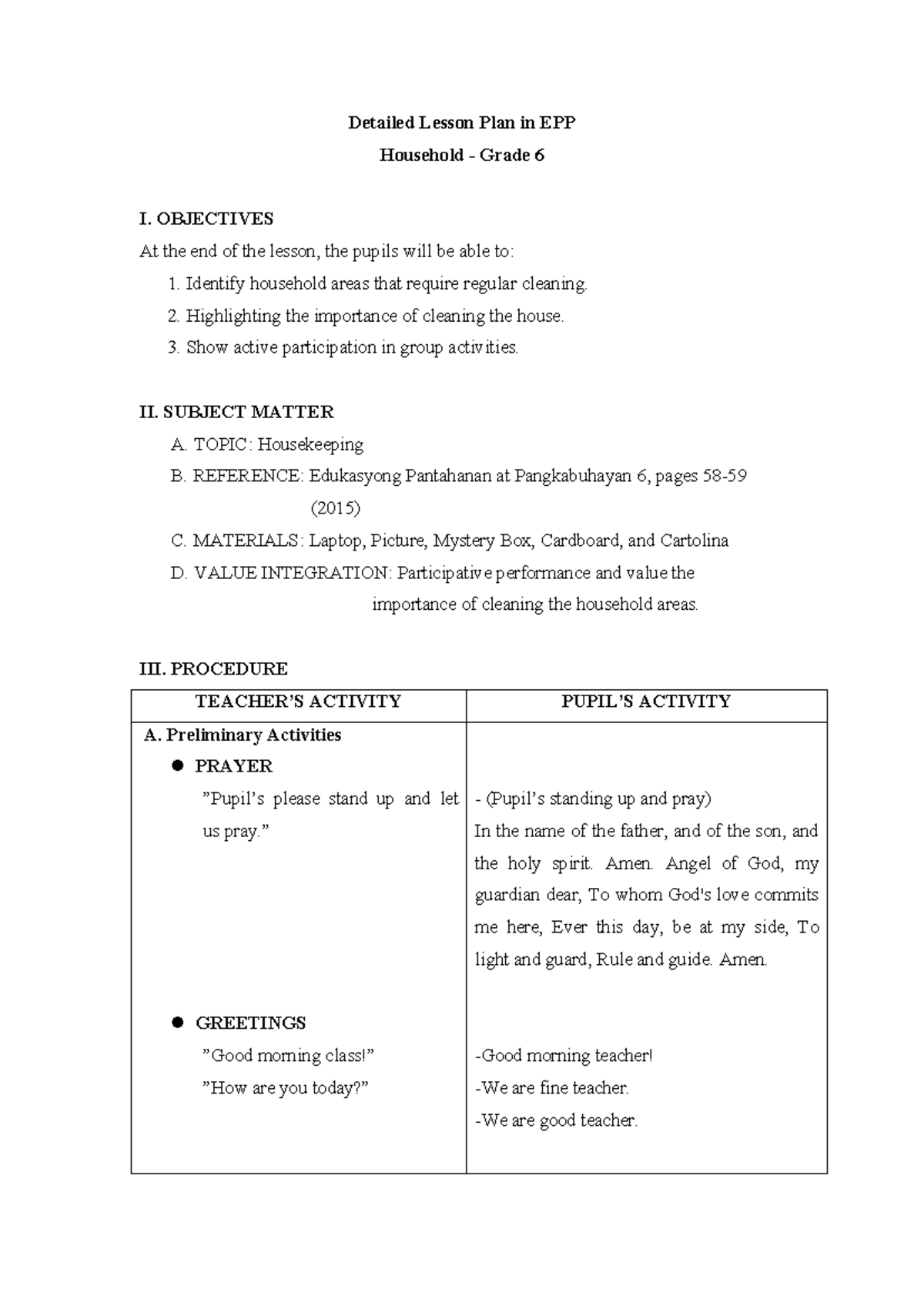 Detailed Lesson Plan for EPP 6: Housekeeping & Cleaning Activities ...