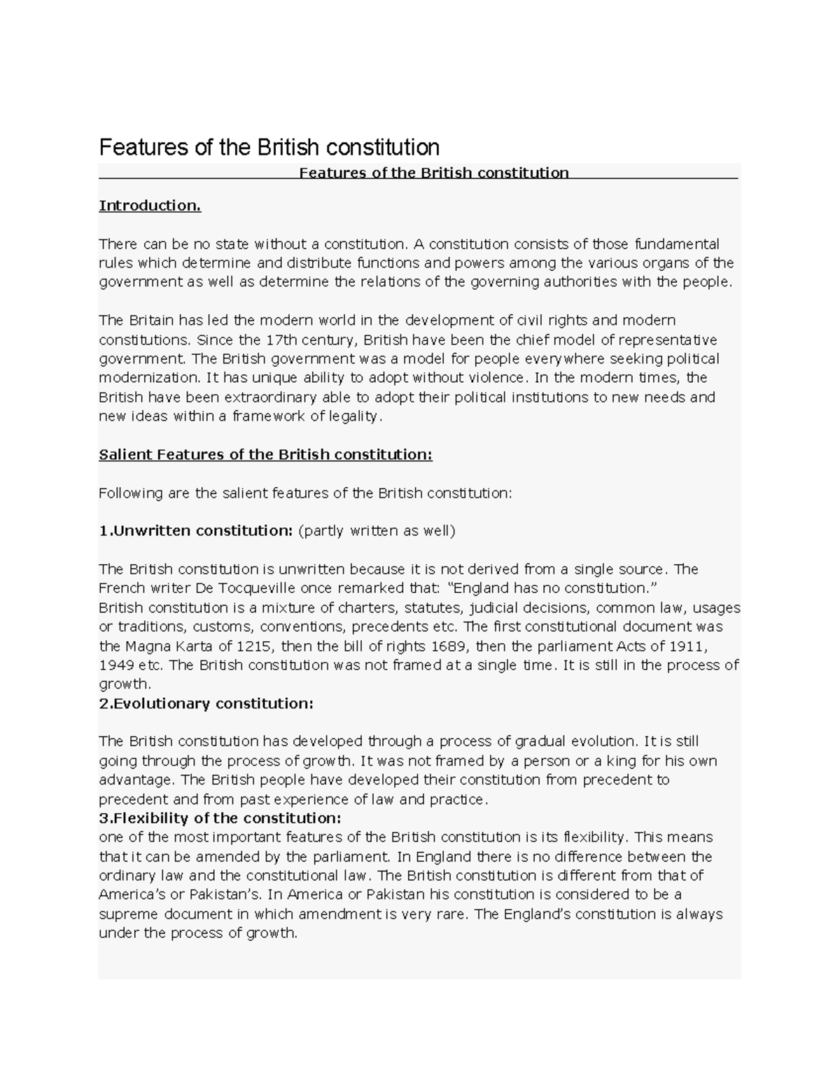 Salient Features of the British Constitution: Evolution & Flexibility - Studocu